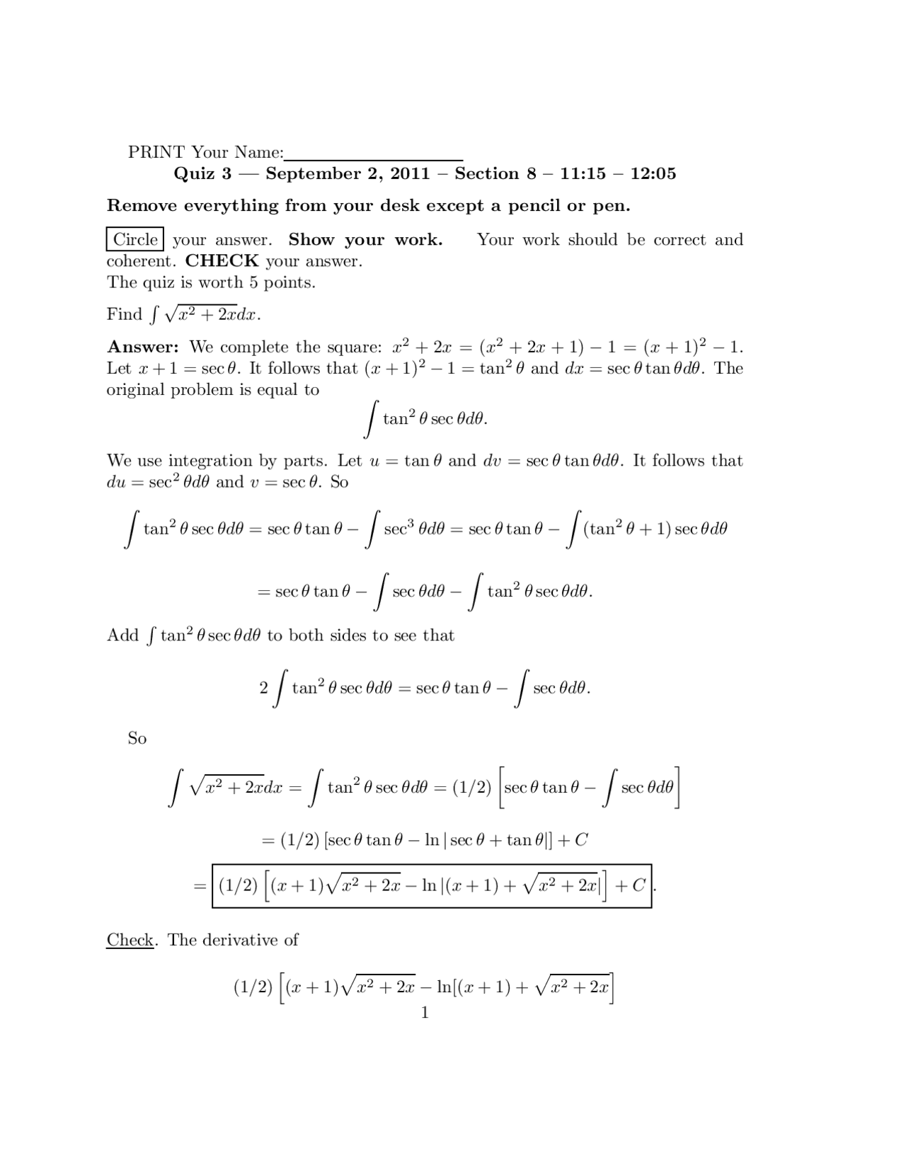 Quiz Iii With Answers Fall 2011 Calculus Ii Math 142 Docsity