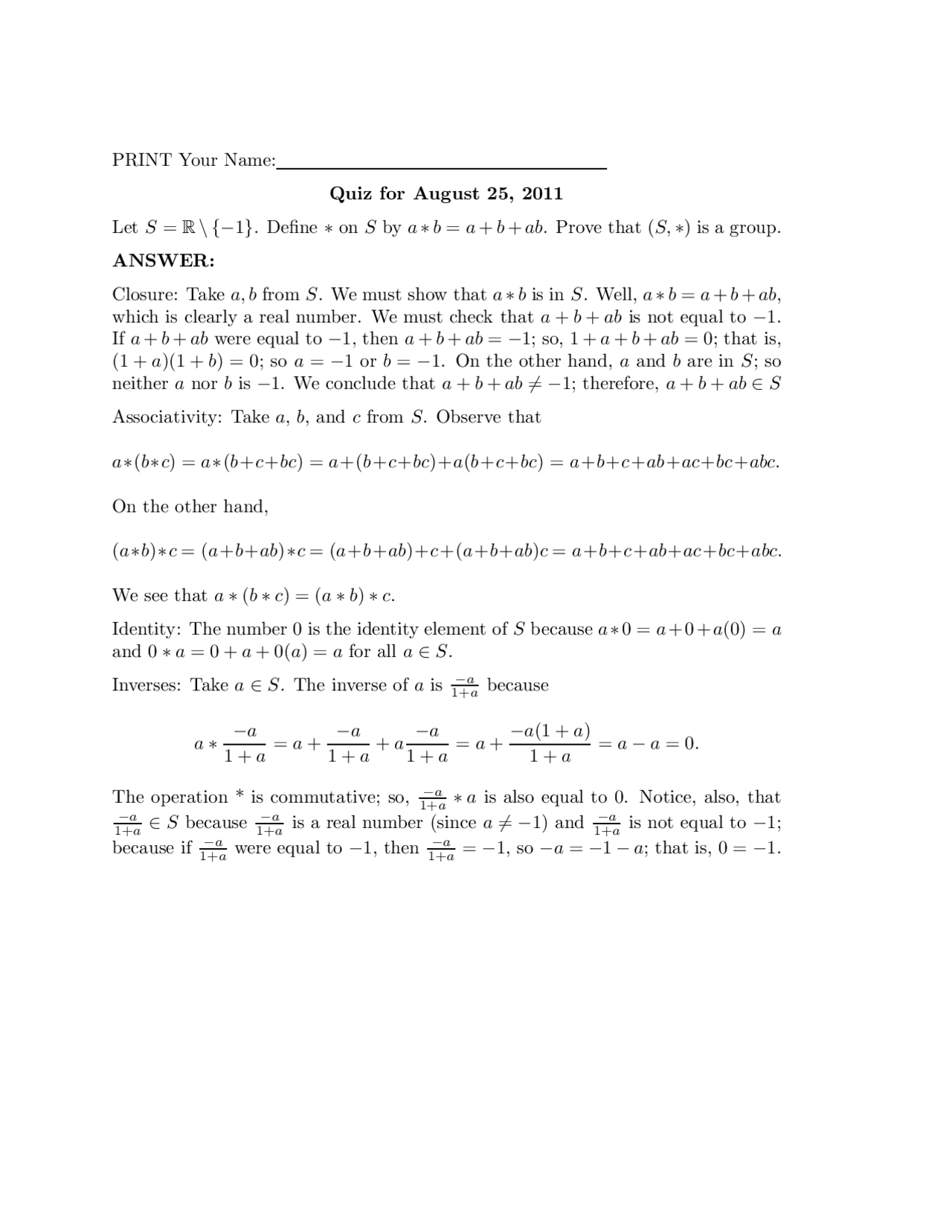 Quiz With Answer Key Algebraic Structures I Math 546 Docsity