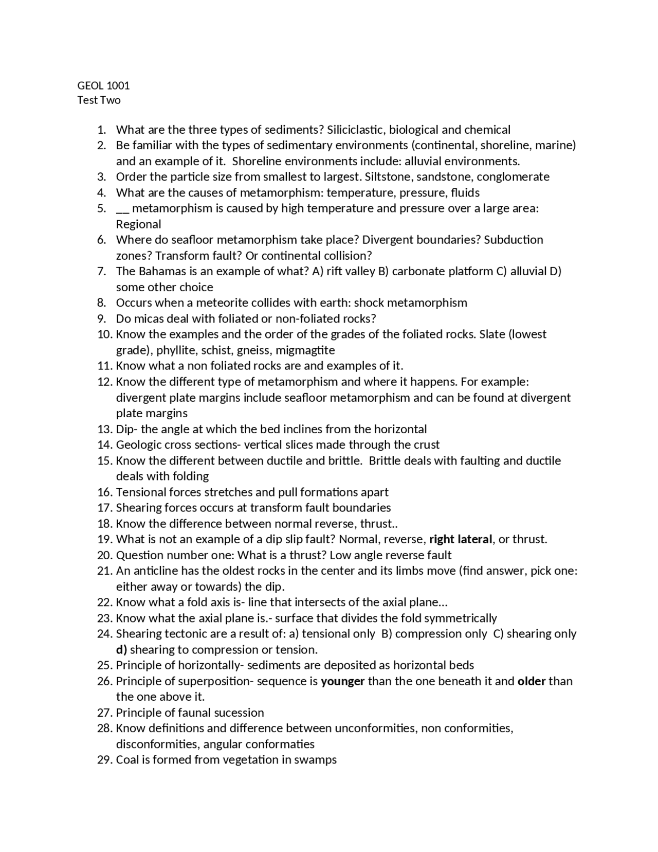 Test 2 Sample Questions - General Historical Geology | GEOL 1001 - Docsity