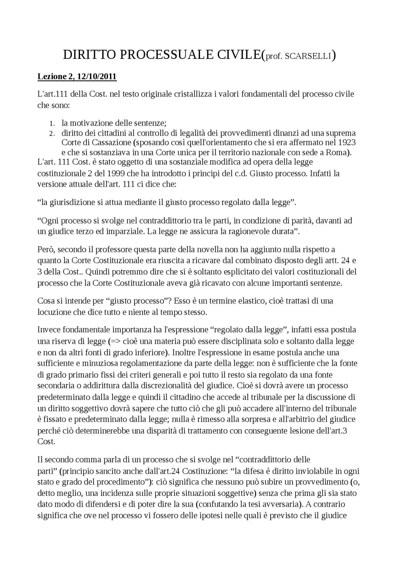 Appunti Lezioni Di Diritto Processuale Civile Scarselli Docsity