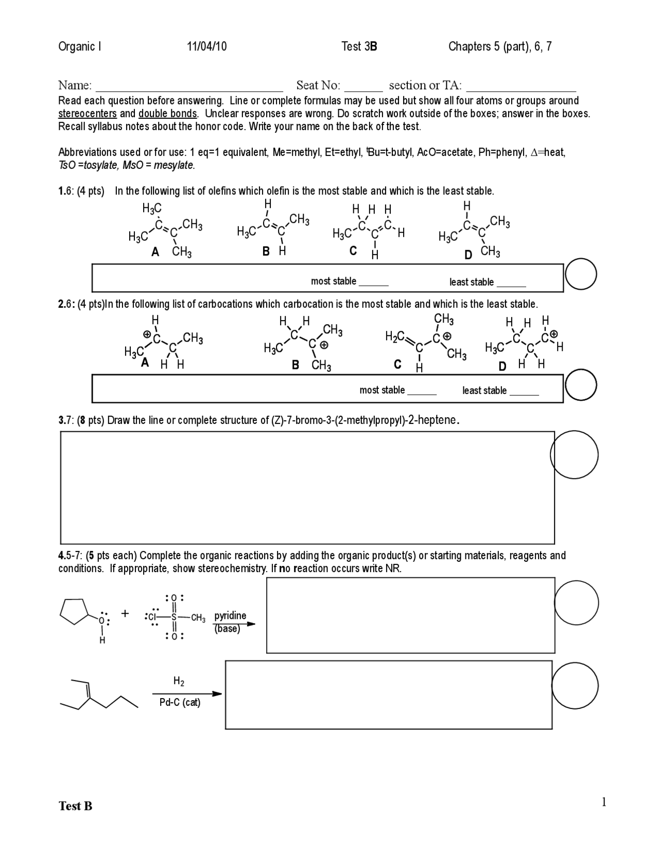 Sample Questions for Test 3 - Organic Chemistry I | CHEM 333 | Exámenes ...