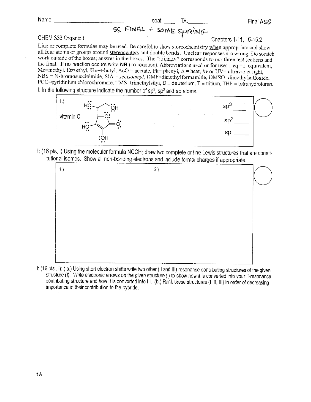 Final Test Solutions Organic Chemistry Chem 333 Docsity