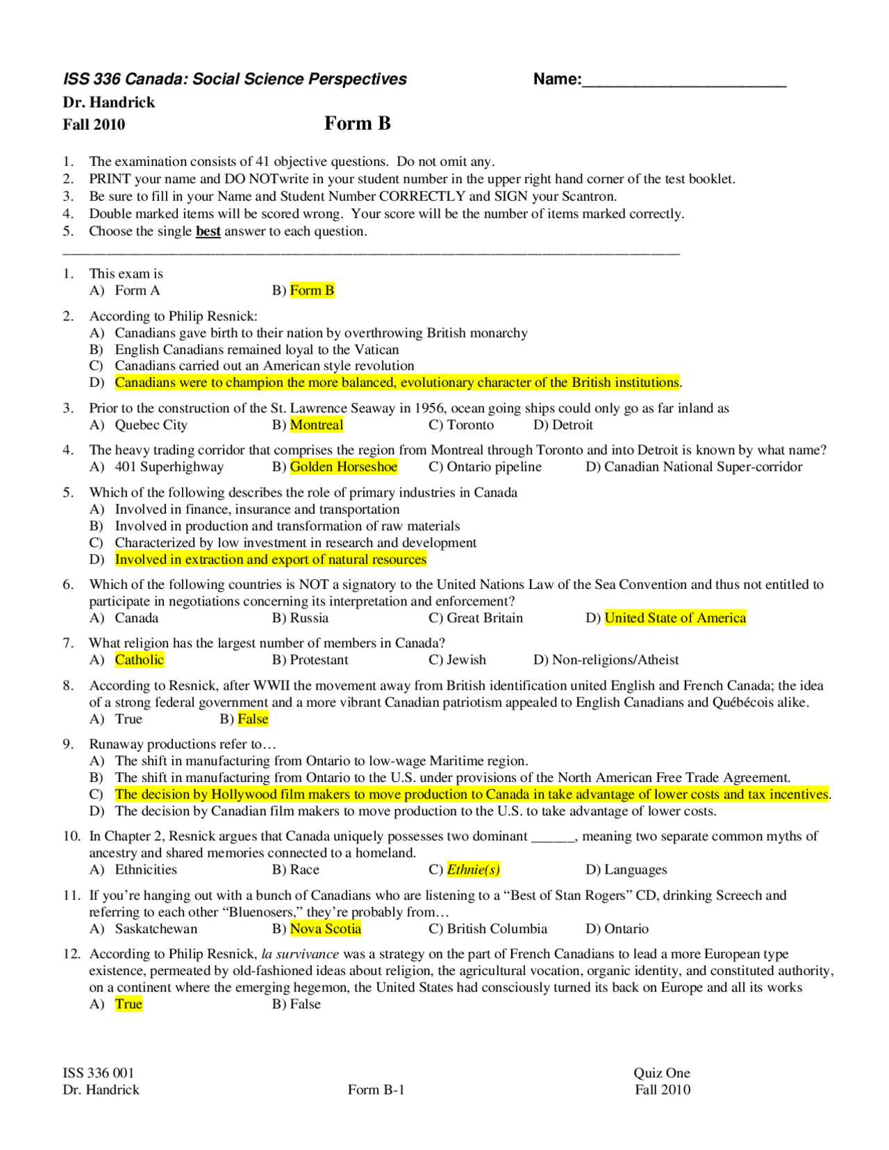 Quiz One: ISS 336 Canada: Social Science Perspectives - Fall 2010 - Prof. Philip Handrick ...