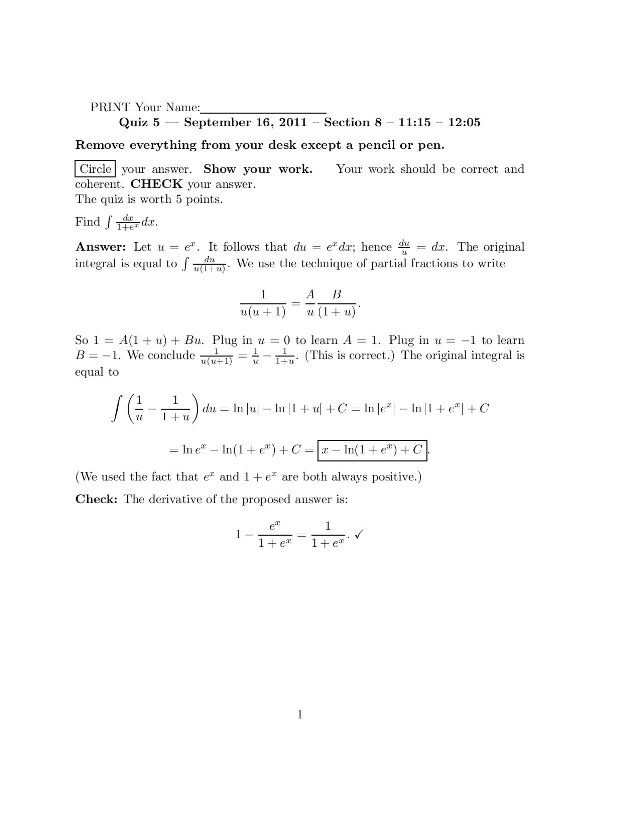 Sample Quiz 5 With Answer Key Calculus Ii Math 142 Docsity