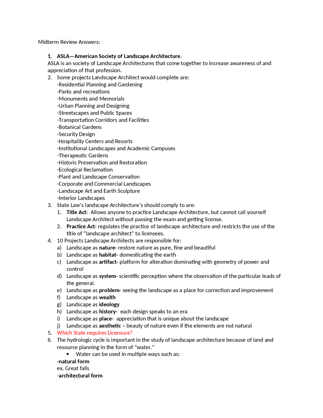 Midterm Review Answers Introduction Landscape Architecture Larc 160