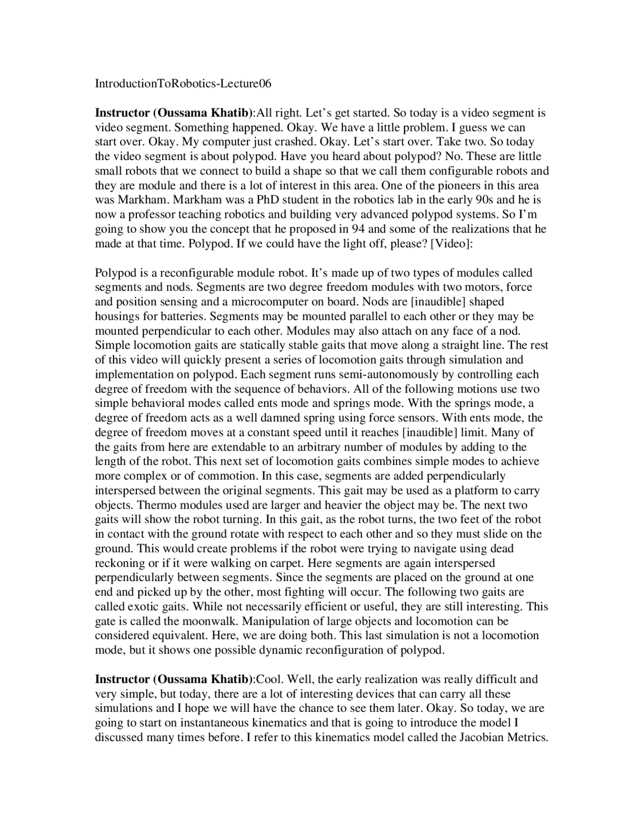Lecture Transcriptions Introduction To Robotics Lesson 6 Docsity