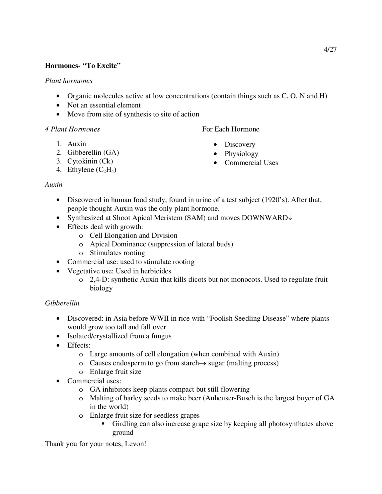 Notes On Hormones Introduction To Horticulture Plsc 100 Docsity