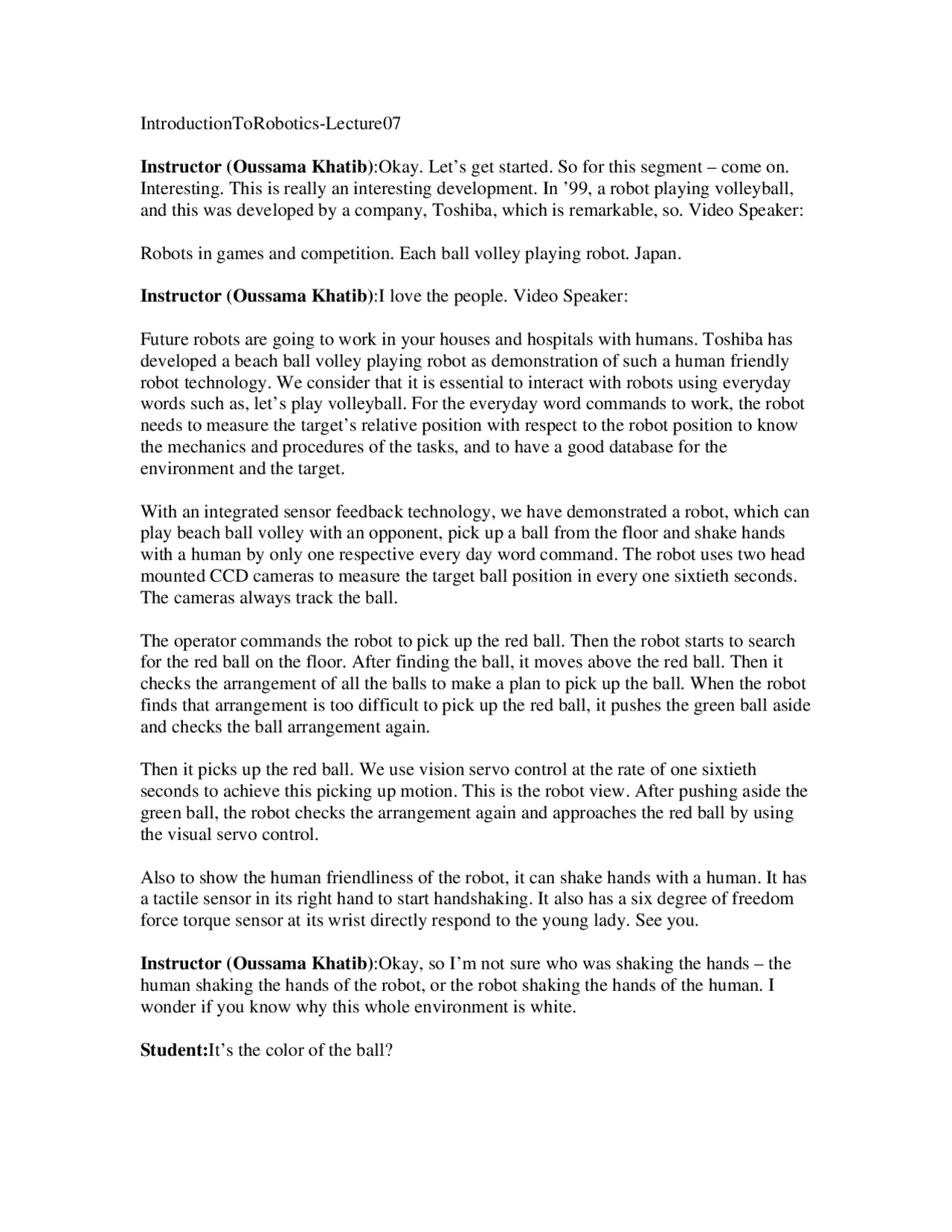 Lecture Transcriptions Introduction To Robotics Lesson 7 Docsity