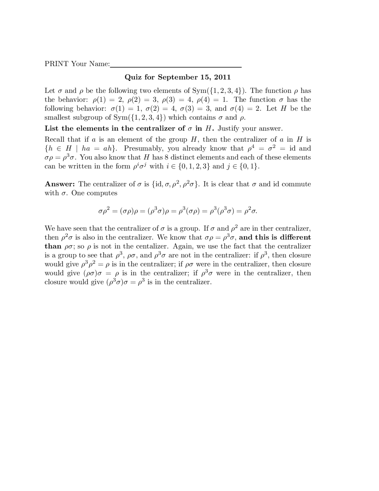 Algebraic Structures I Quiz 1 With Solution Math 546 Docsity