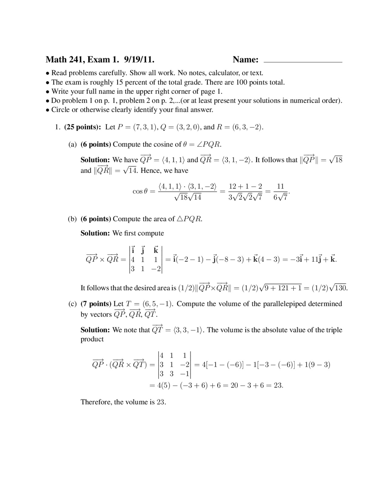 Practice Exam 1 Solution - Vector Calculus - Fall 2011 | MATH 241 - Docsity