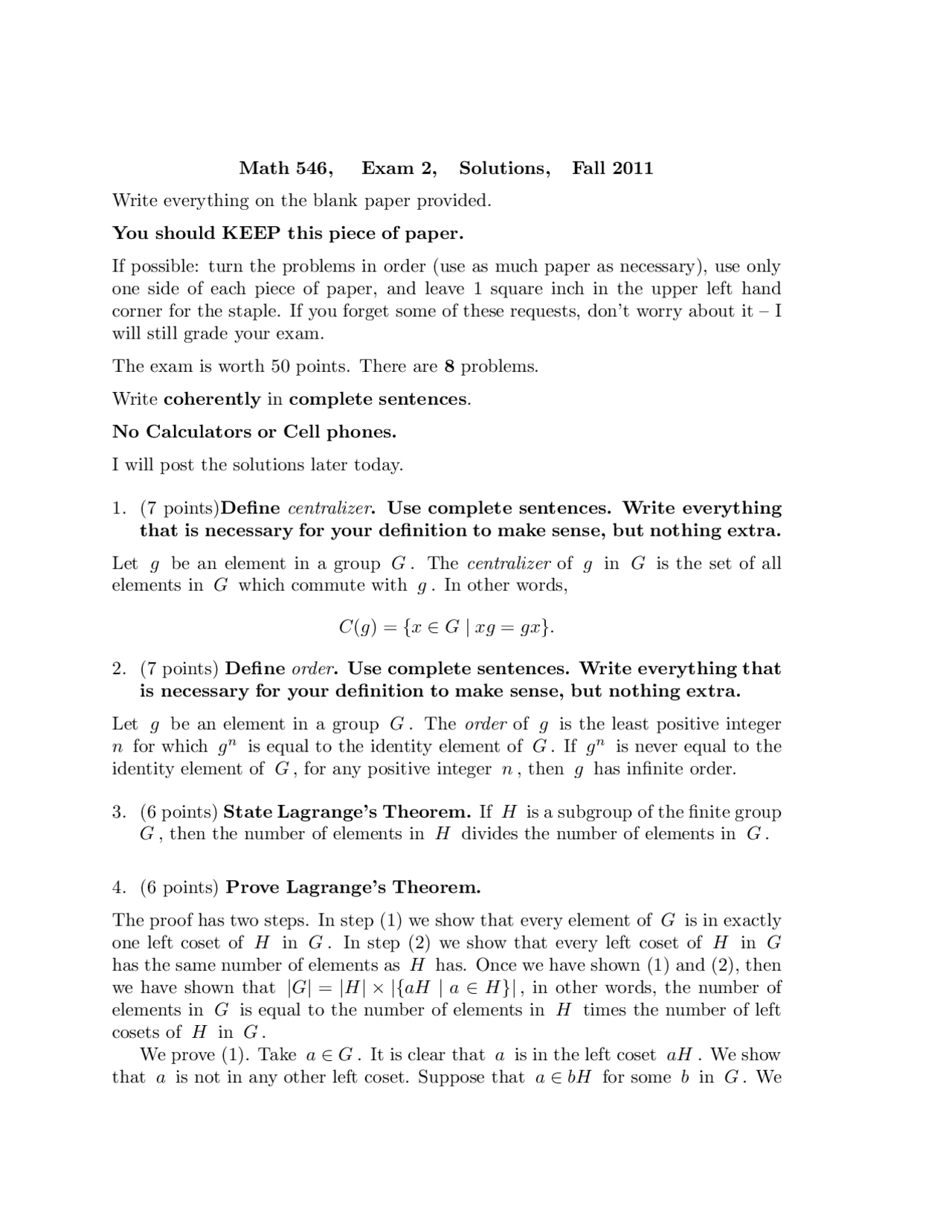 8 Question With Solution Of Algebraic Structure I Exam 2 Math 546