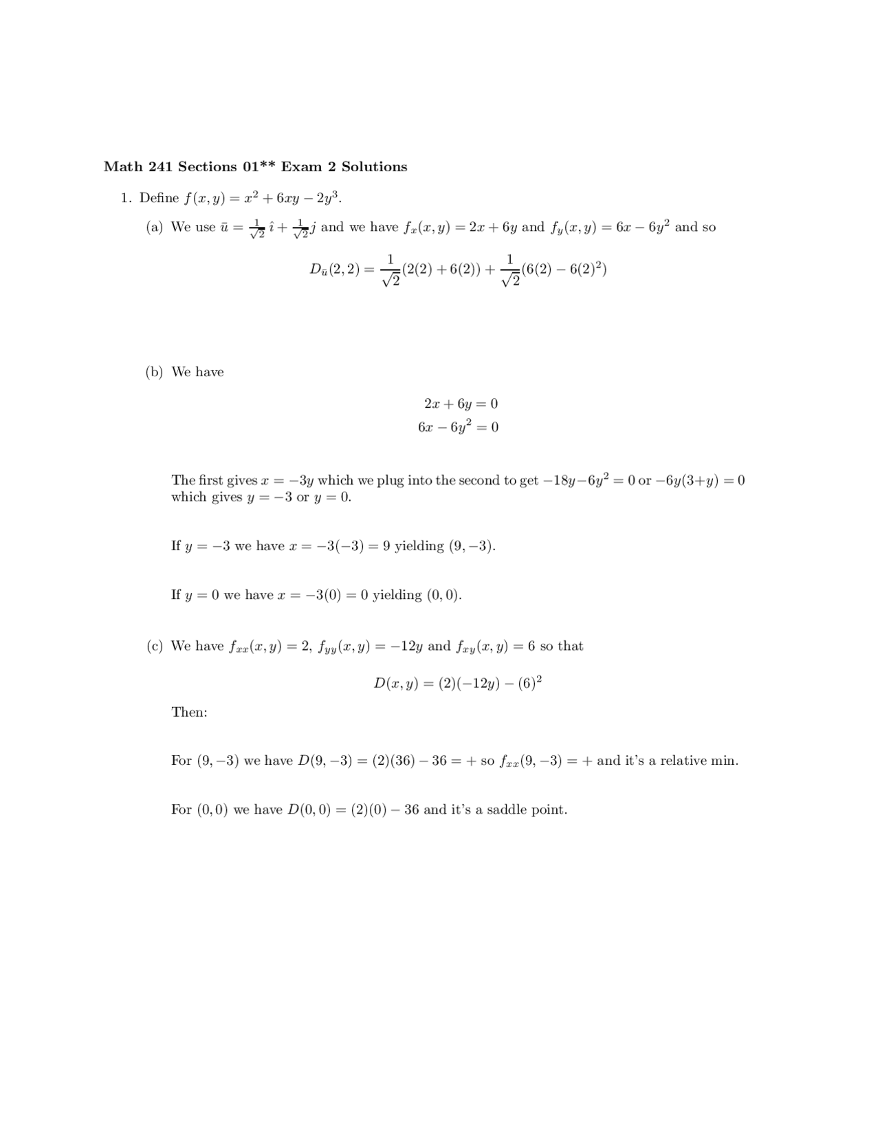 Calculus Iii Exam With Solution Math 241 Docsity