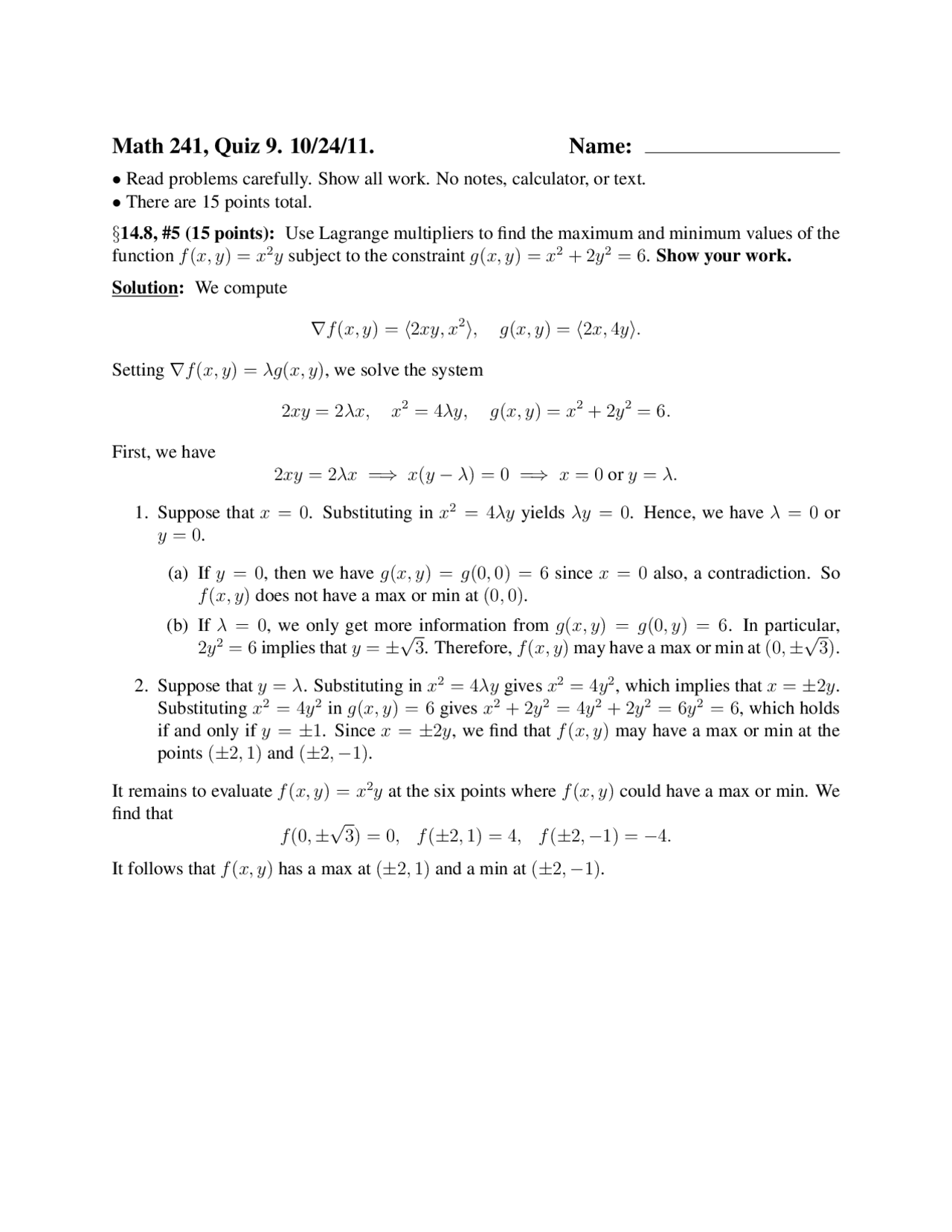 Quiz 9 With Manual Solution Vector Calculus Math 241 Docsity
