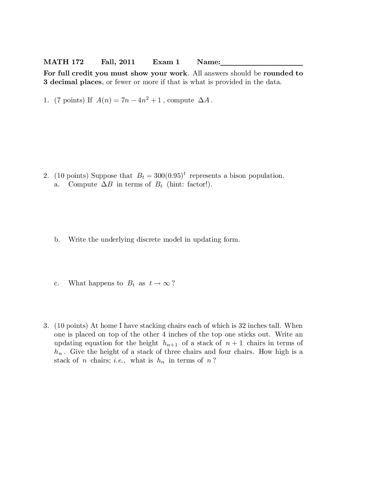 8 Questions On Bison Population Exam 1 Math 172 Docsity