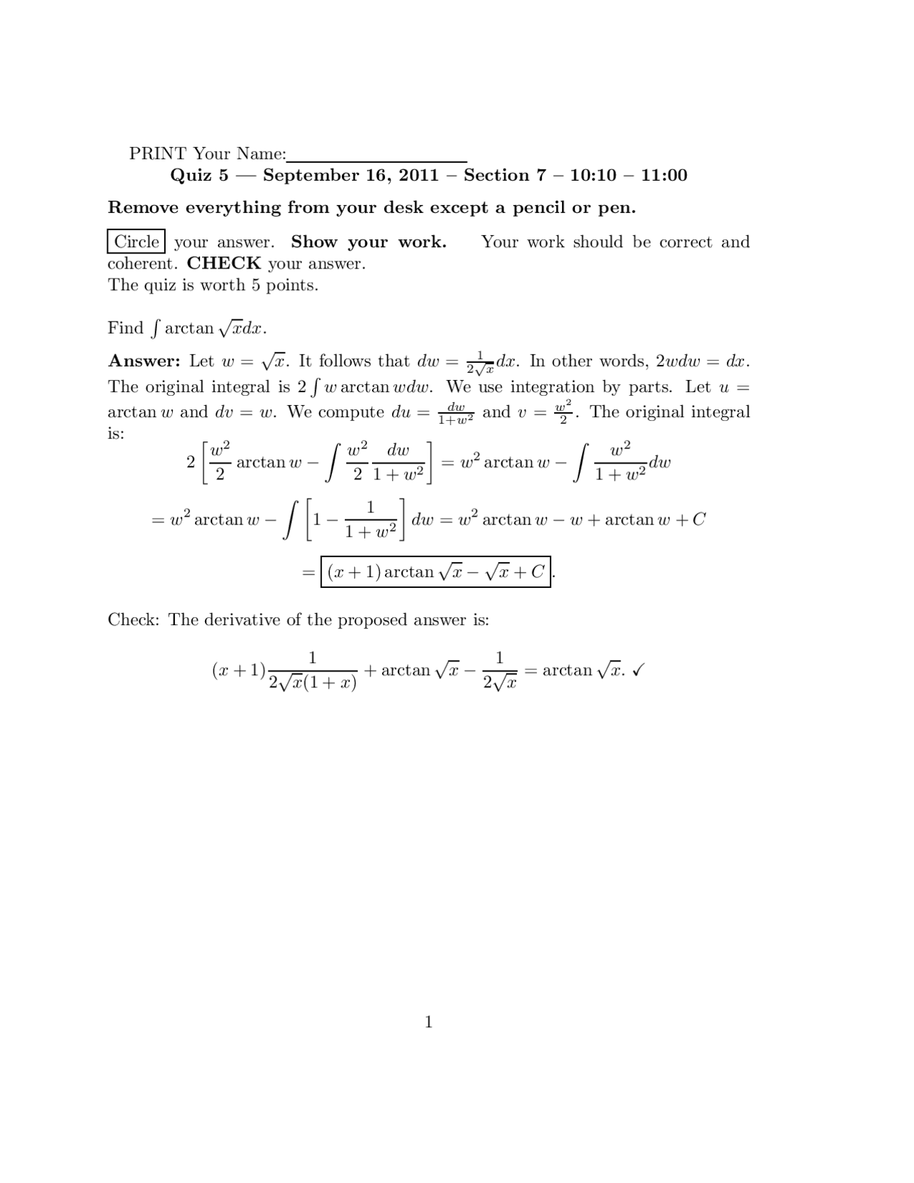 Calculus Ii Solutions For Quiz Five Math 142 Docsity