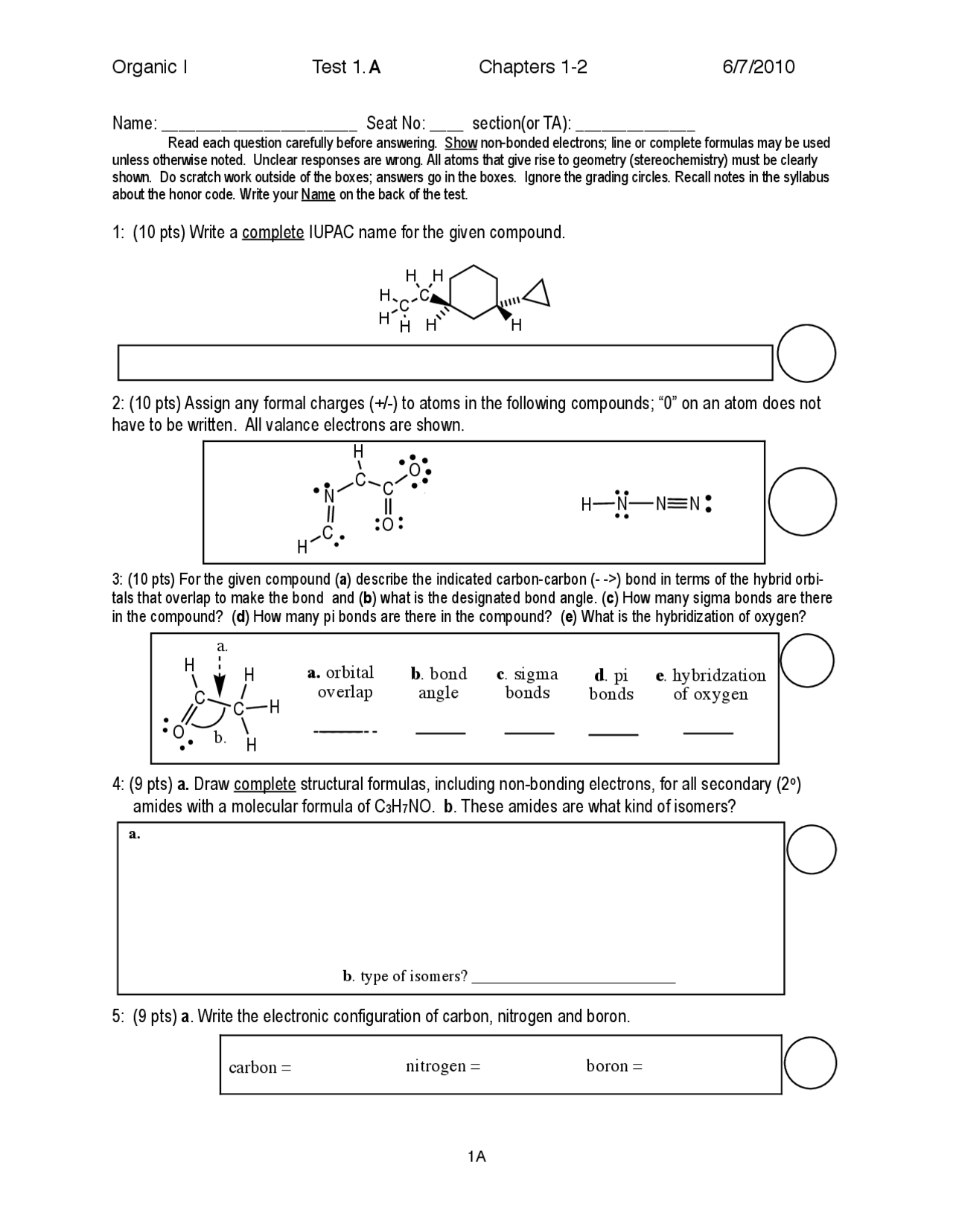 10 Solved Questions in Organic Chemistry I - Exam 1 | CHEM 333 - Docsity