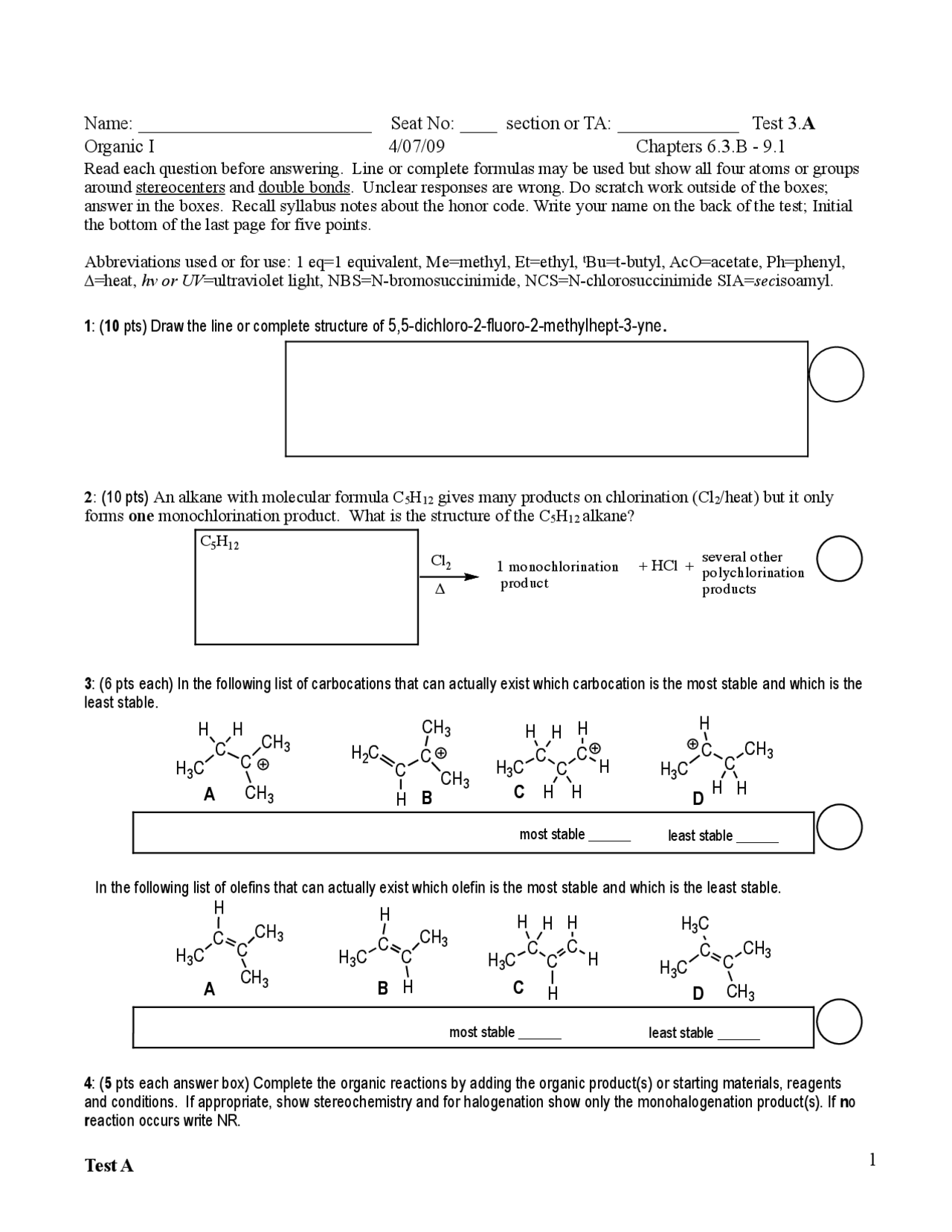 Organic Chemistry I Solved 6 Questions Chem 333 Docsity
