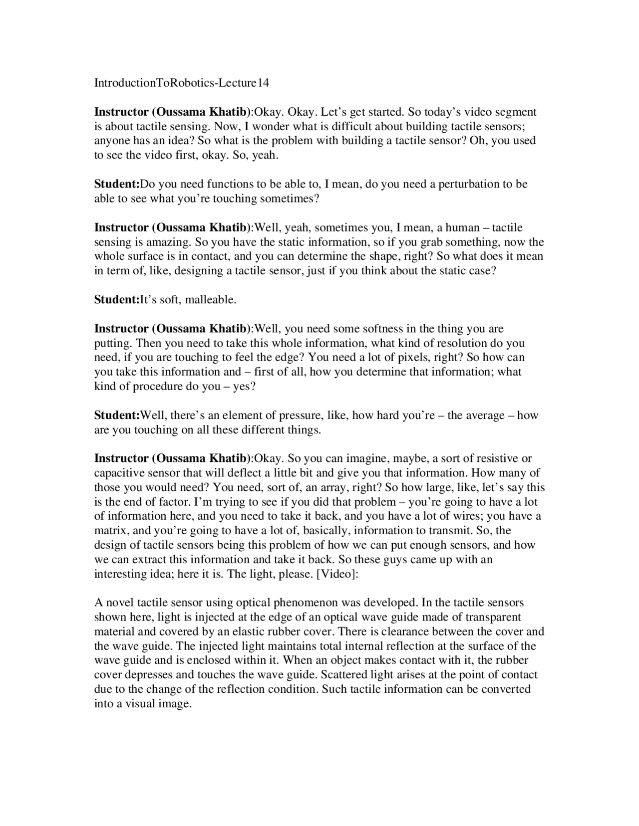 Lecture Transcriptions Introduction To Robotics Lesson 14 Docsity