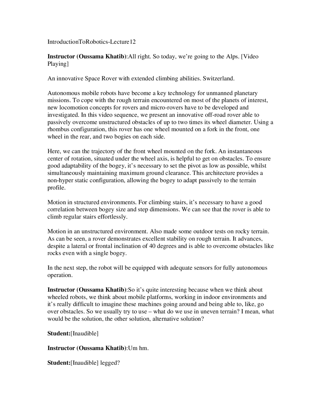 Lecture Transcriptions Introduction To Robotics Lesson 12 Docsity