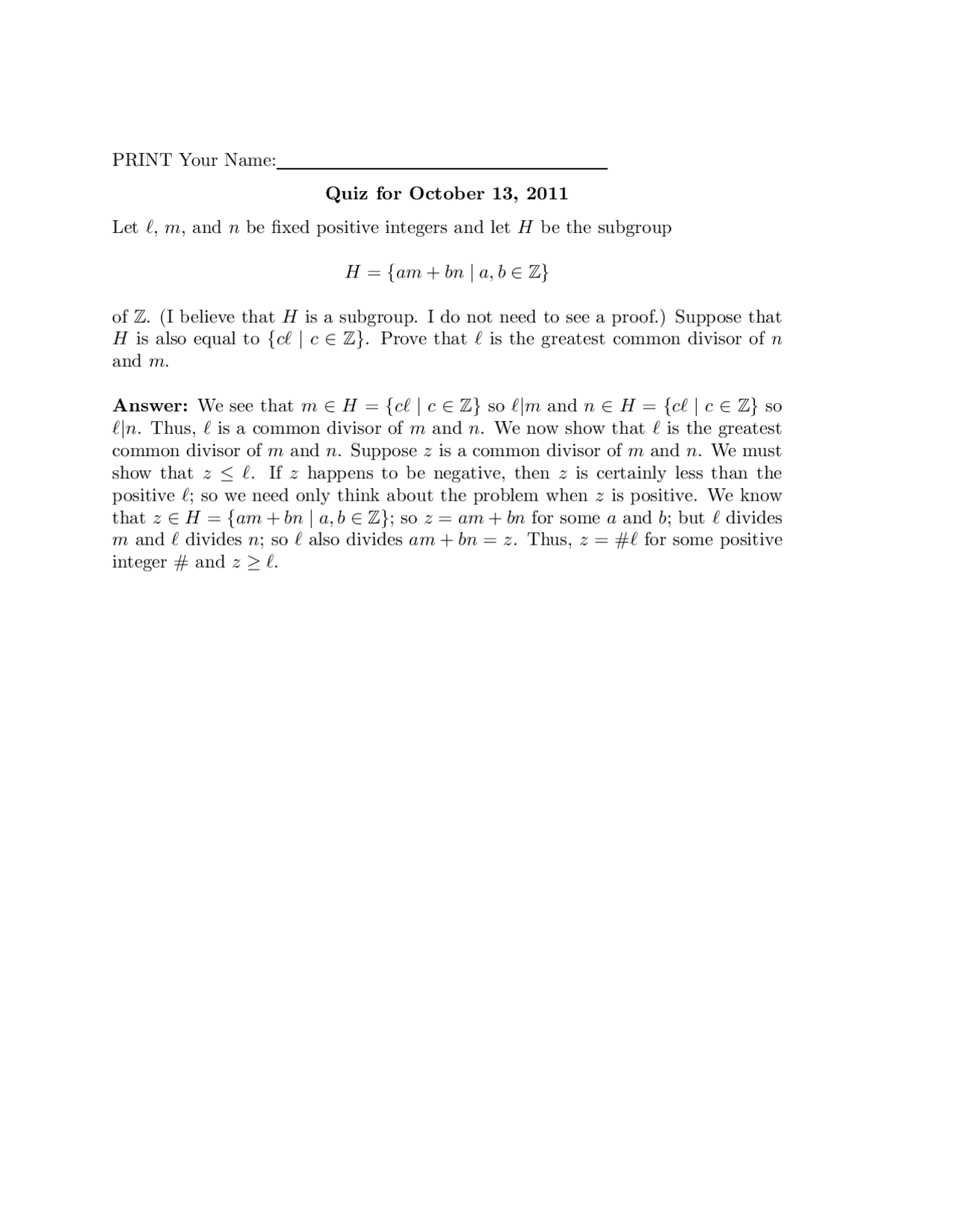 Quiz 6 Solutions For Algebraic Structures I Math 546 Docsity