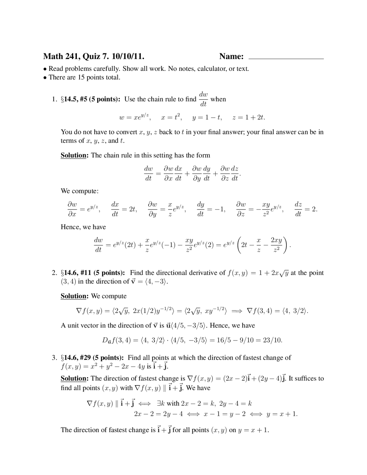 Quiz 7 With Solution Vector Calculus Math 241 Docsity