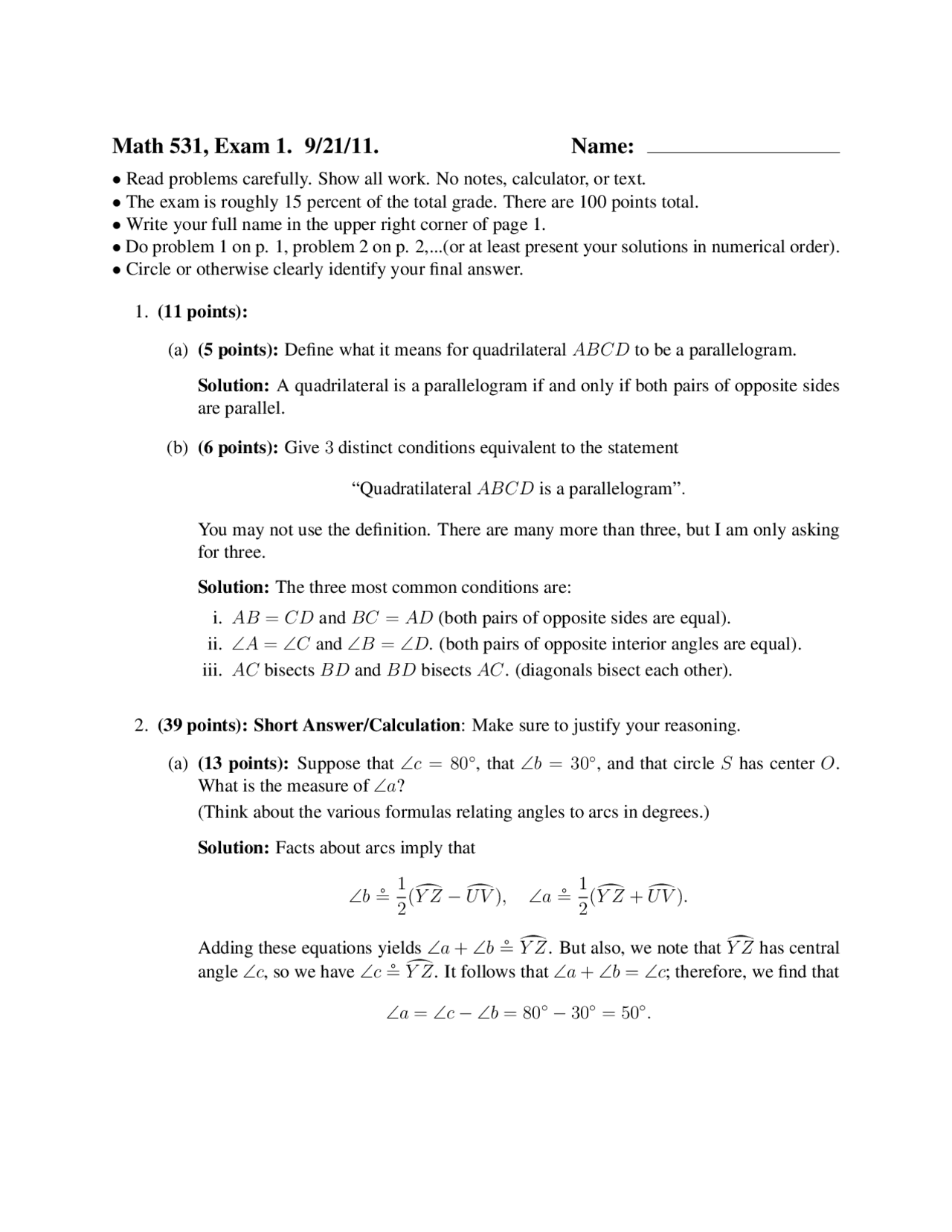Practice Exam 1 Solution - Foundations of Geometry | MATH 531 - Docsity
