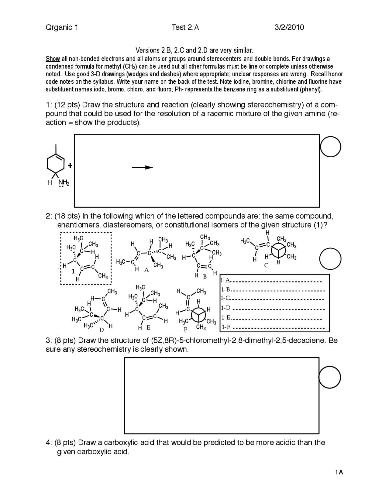Organic Chemistry Test 2.A: Structure Drawing and Stereochemistry ...