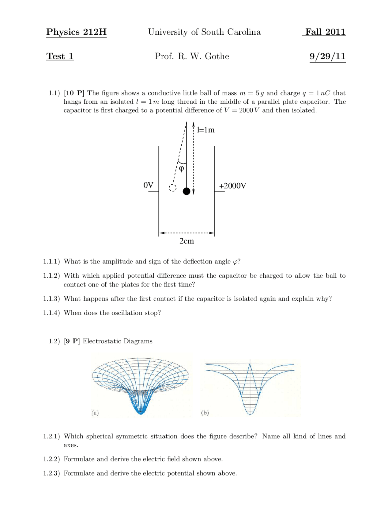 Test 1 for Essentials of Physics II - Fall 2011 | PHYS 212 | Exams ...