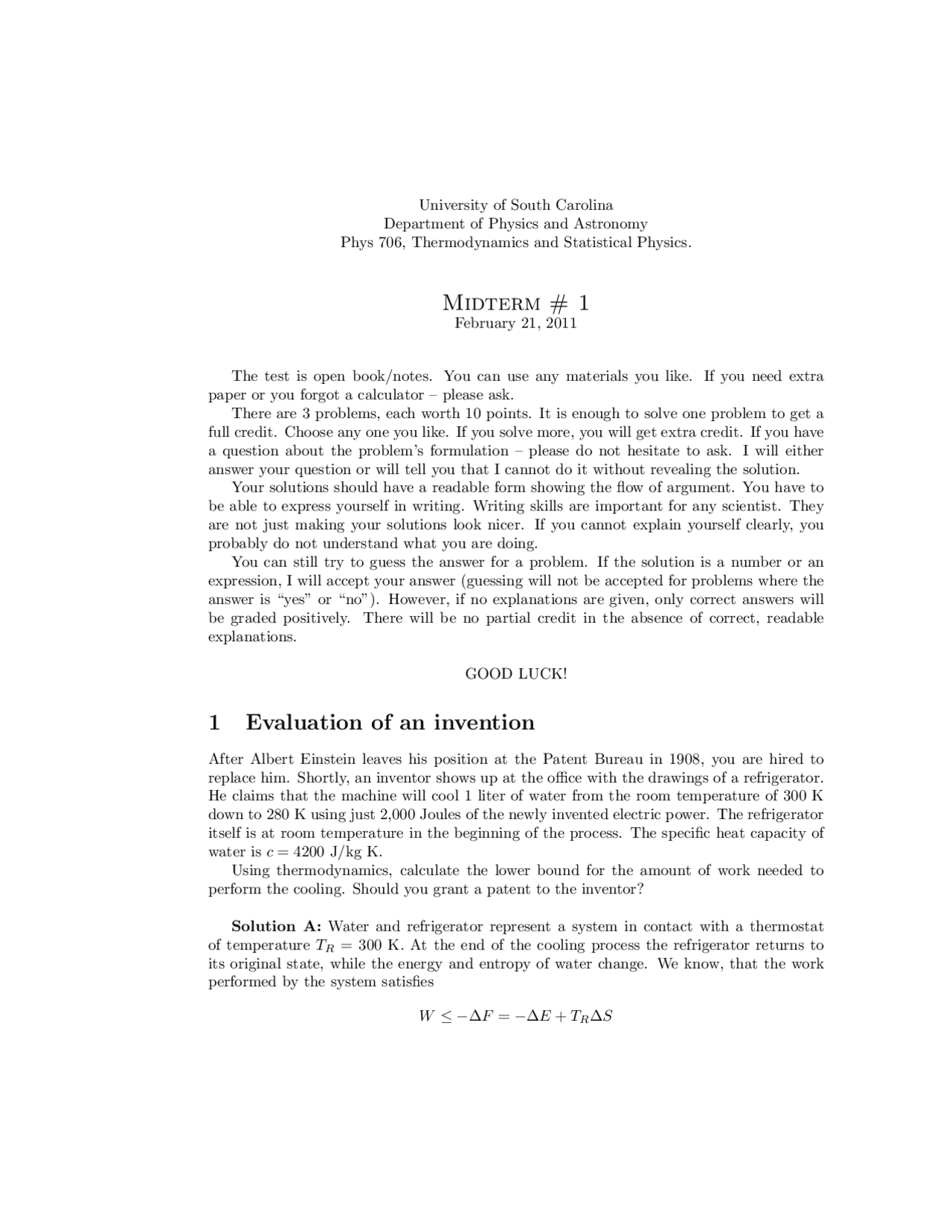 Evaluation Of An Invention In Thermodynamics Midterm Exam 1 Phys