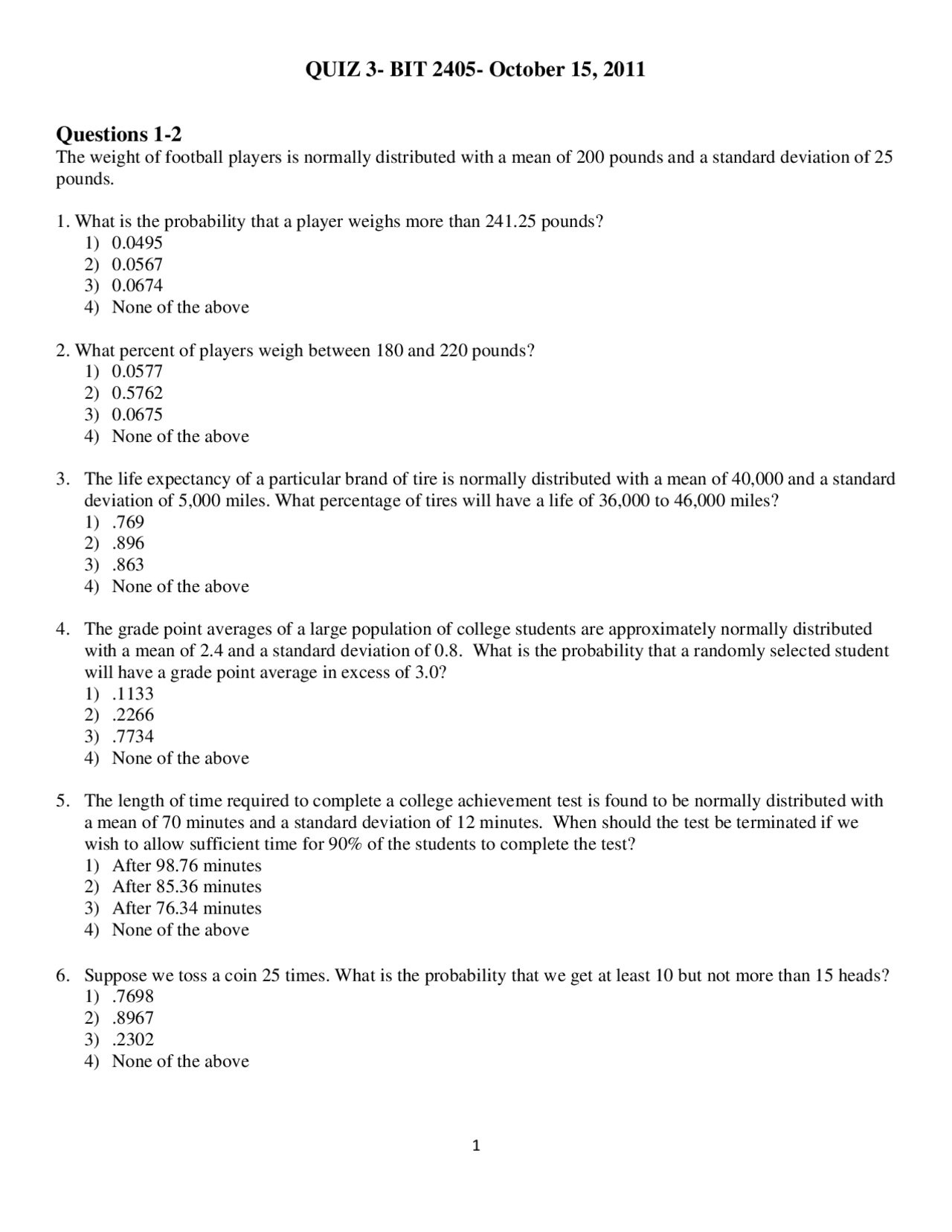 25 Multiple Choice Questions On Quantitative Methods Bit 2405