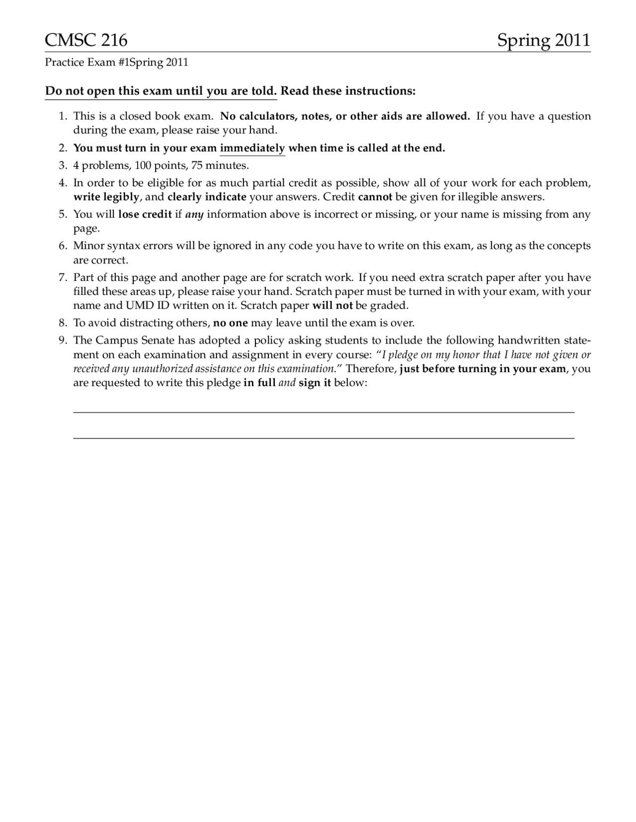 Practice Exam 1 Spring 2011 Introduction To Computer Systems Cmsc