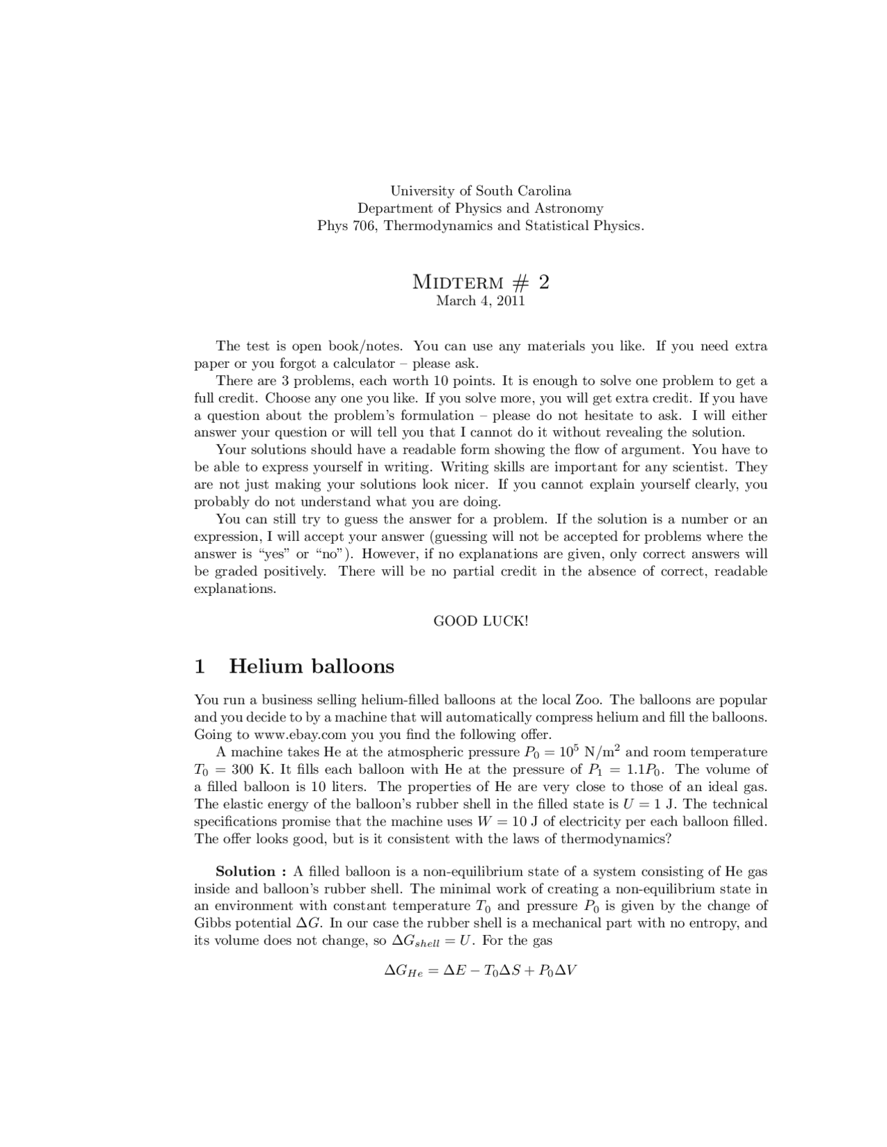 Midterm Exam 2 With Solution Statistical Thermodynamics Phys 706