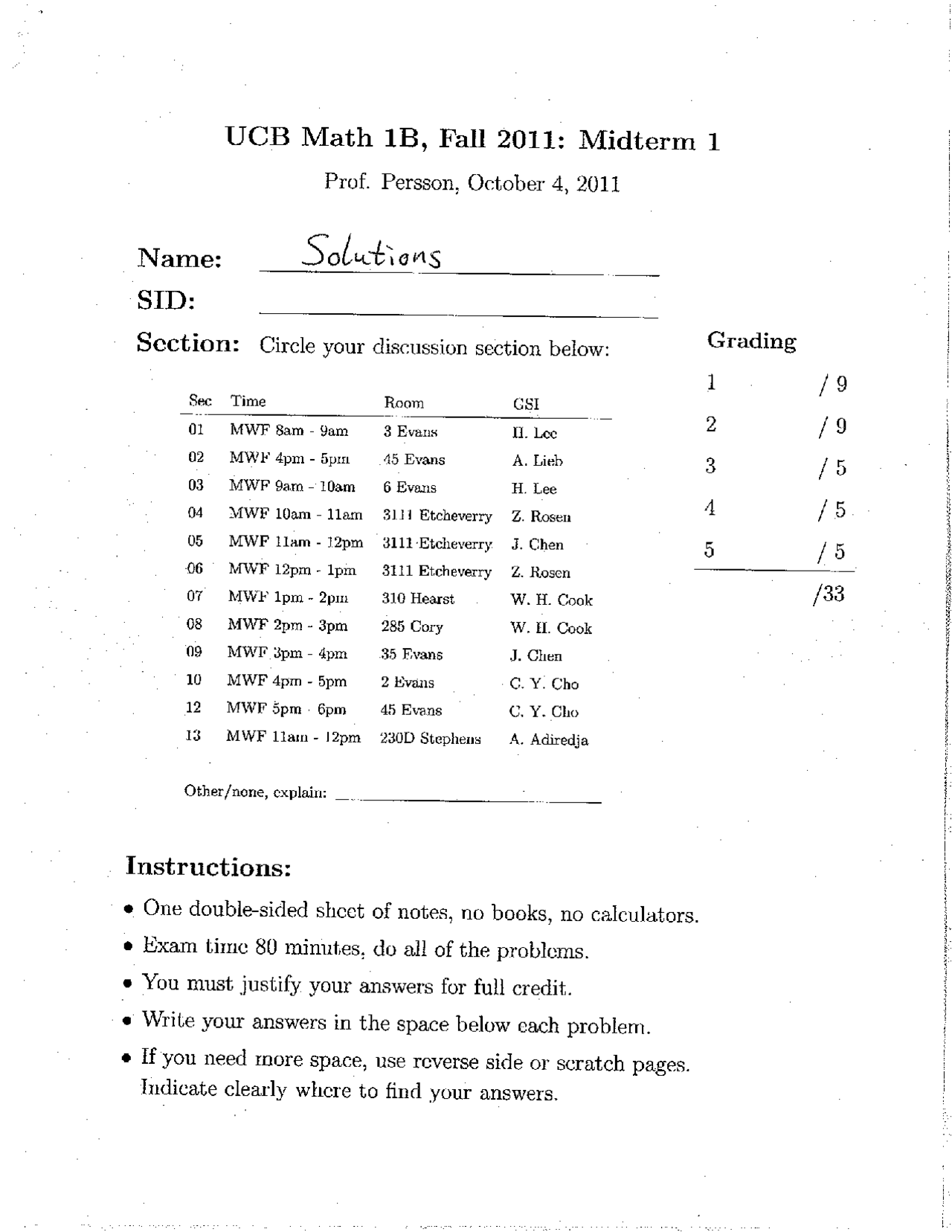 Midterm Exam 1 With Solutions Calculus Math 1b Docsity