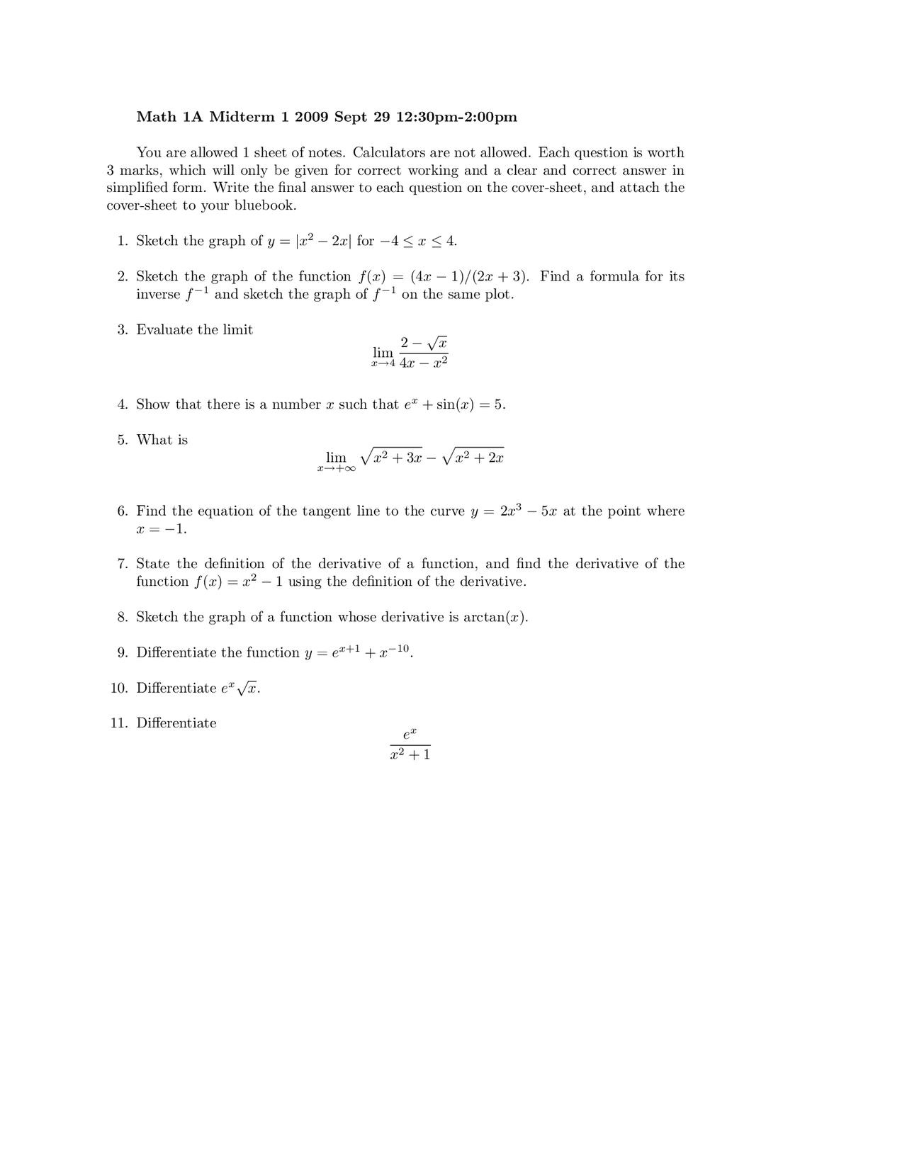11 Questions Of Calculus Exam 1 Math 1a Docsity