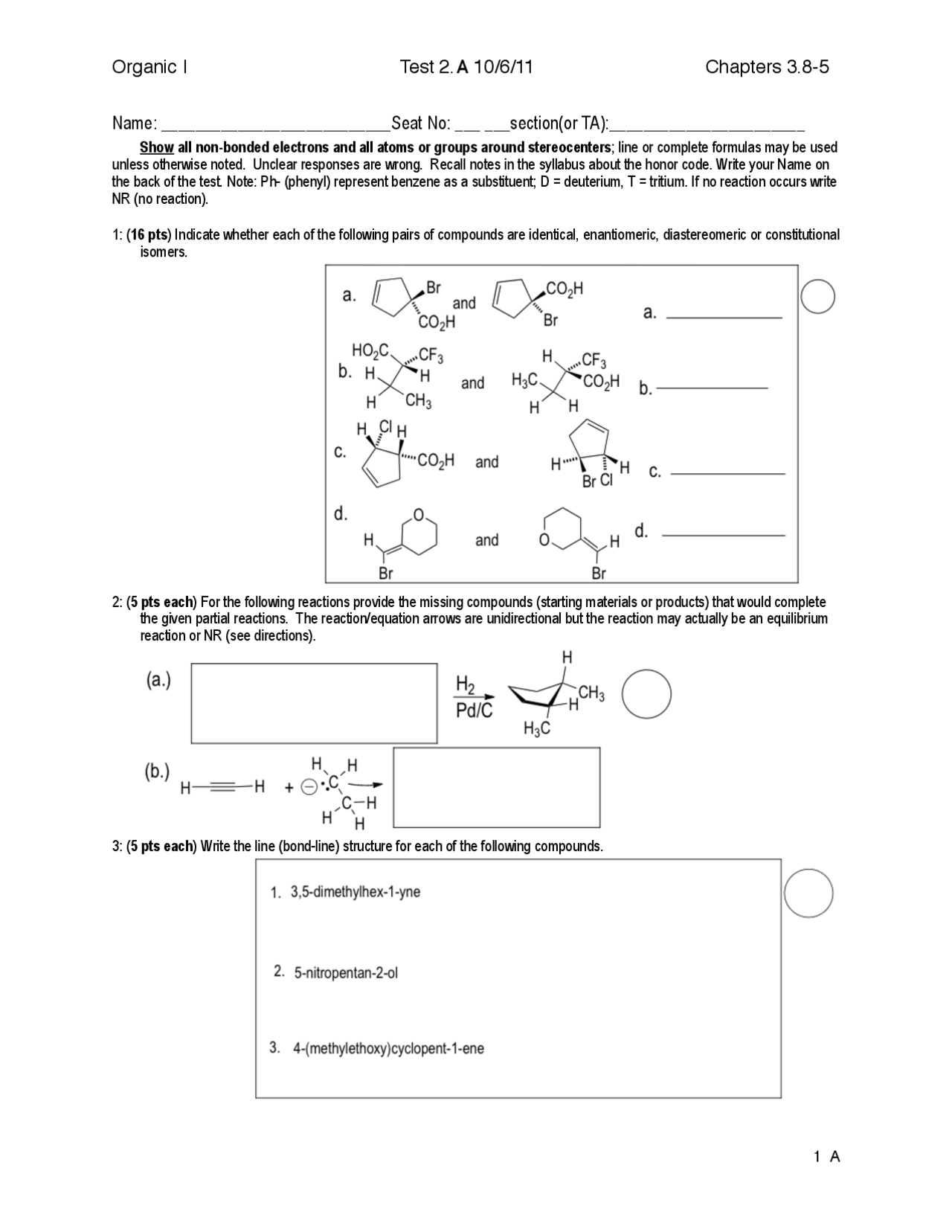 Test 2A Questions - Organic Chemistry I | CHEM 333 - Docsity
