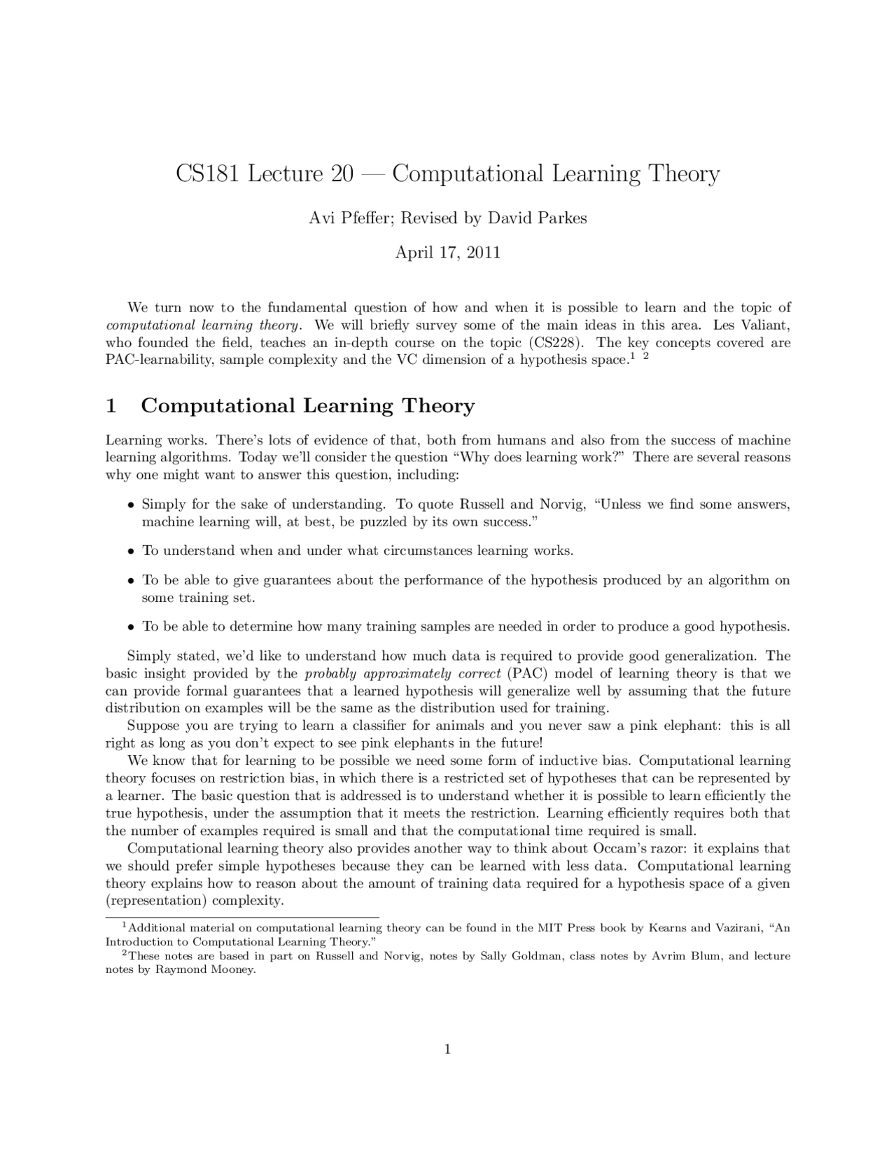 Computational Learning Theory Lecture Notes Computer Science Docsity
