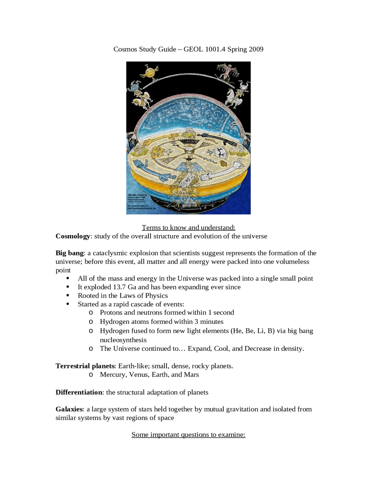 Cosmos Study Guide - General Geology Physical | GEOL 1001 - Docsity