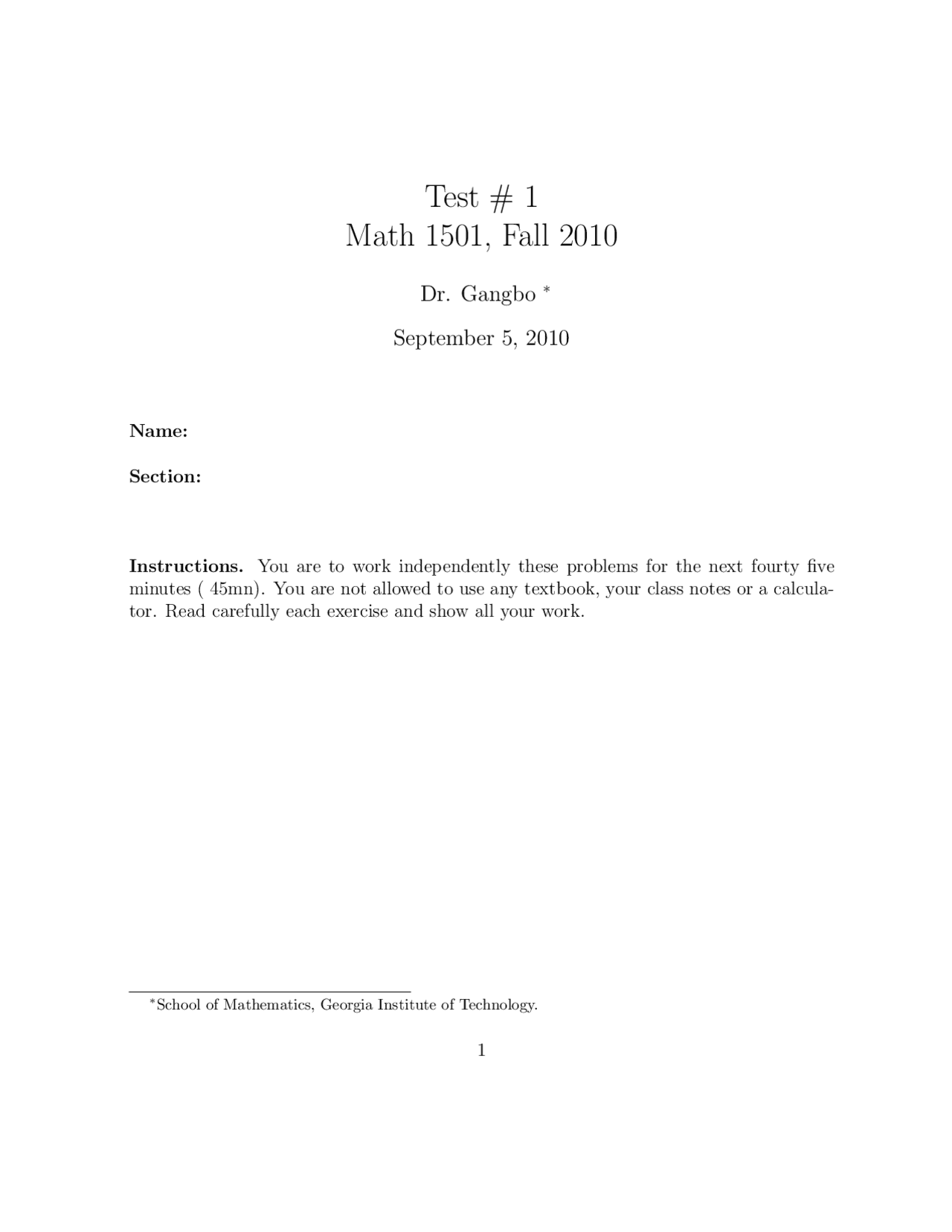 Practice Exam 1 Calculus I Fall 2010 Math 1501 Docsity