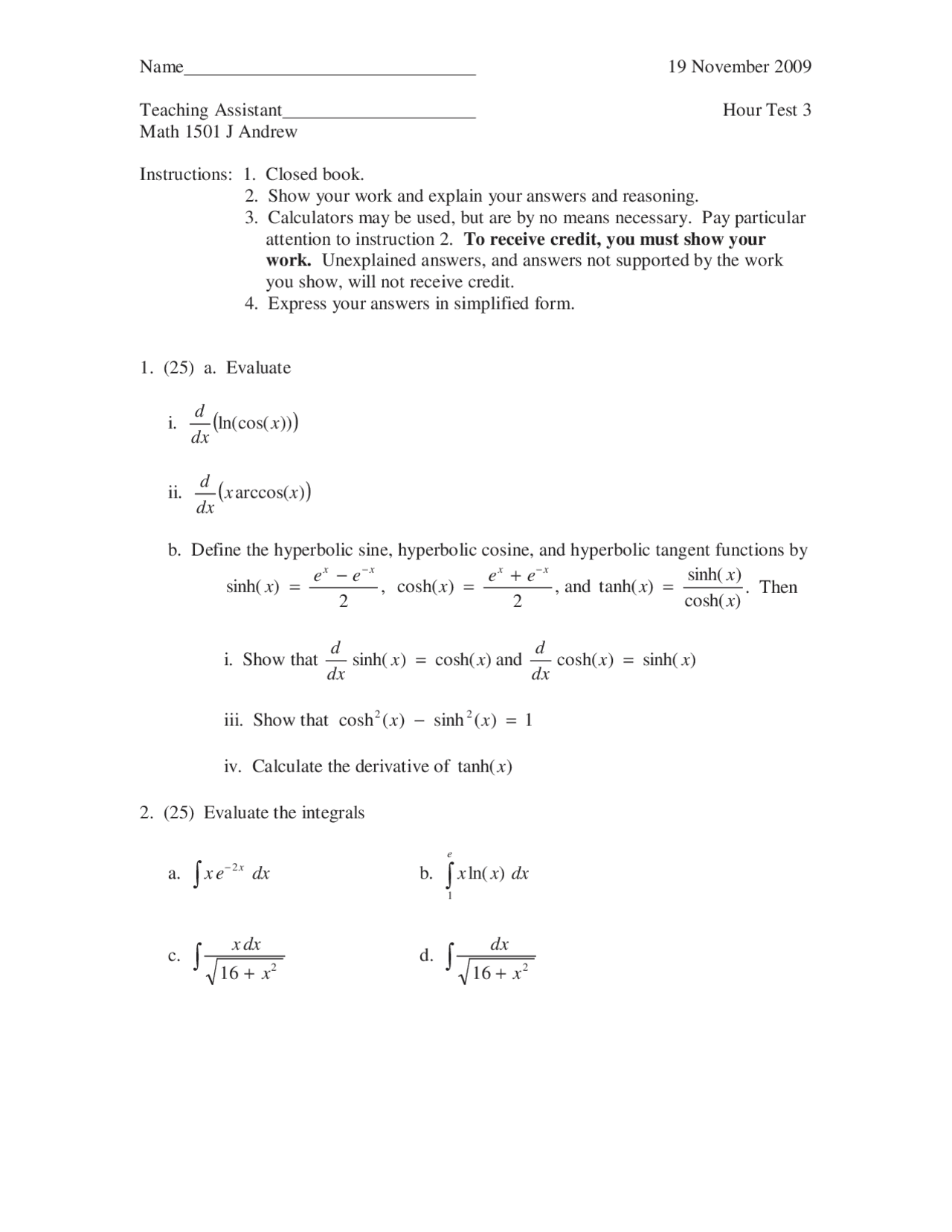 Exam # 3 with Answer - Calculus I | MATH 1501 - Docsity