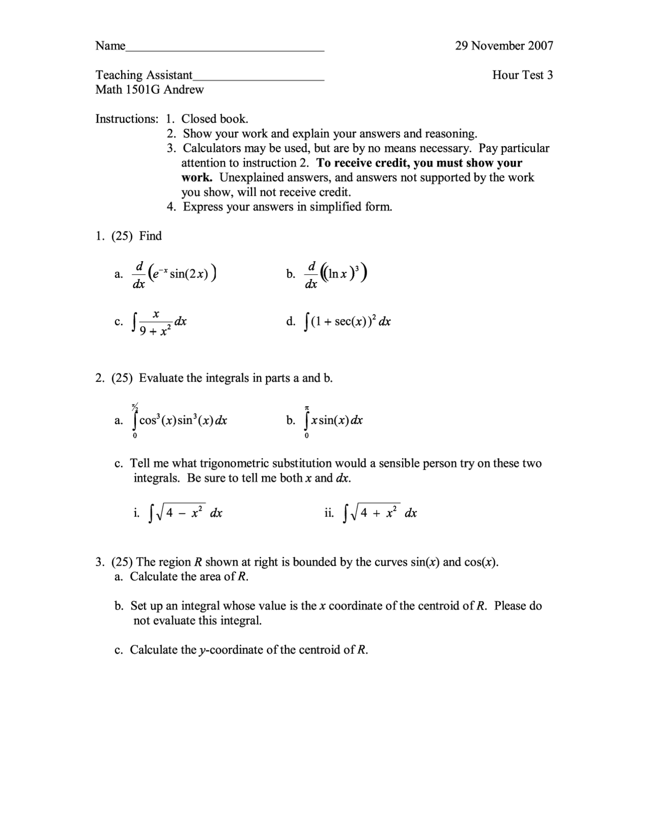 4 Problems On Functions And Derivatives In Calculus I Exam 3 Math