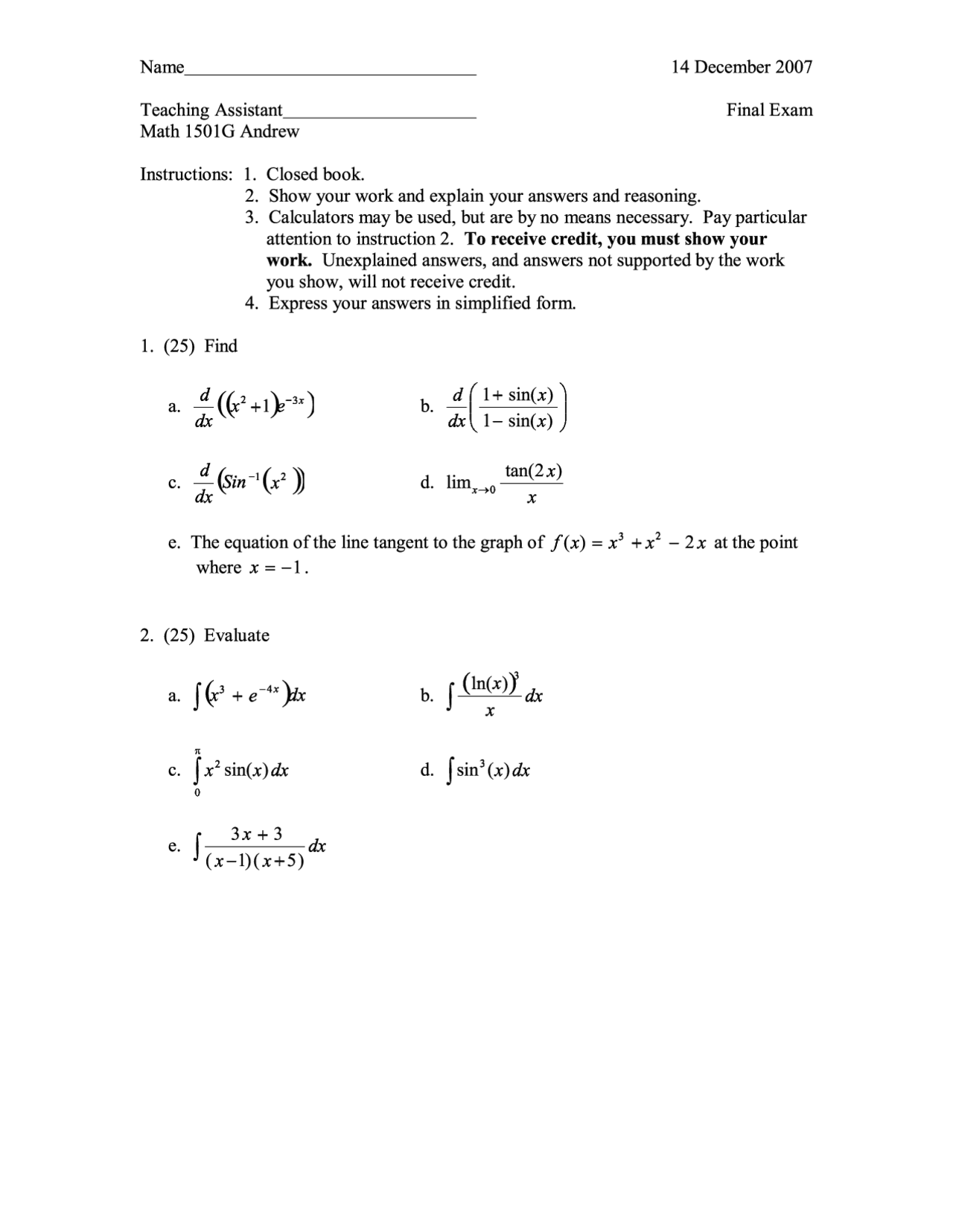 Final Exam With Answer Key Calculus I Math 1501 Docsity
