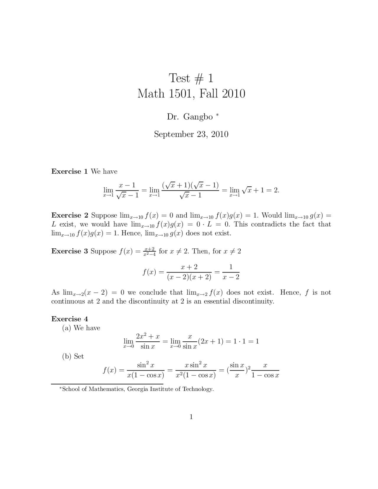 5 Solved Exercises To Find Limits And Continuous Functions Test 1