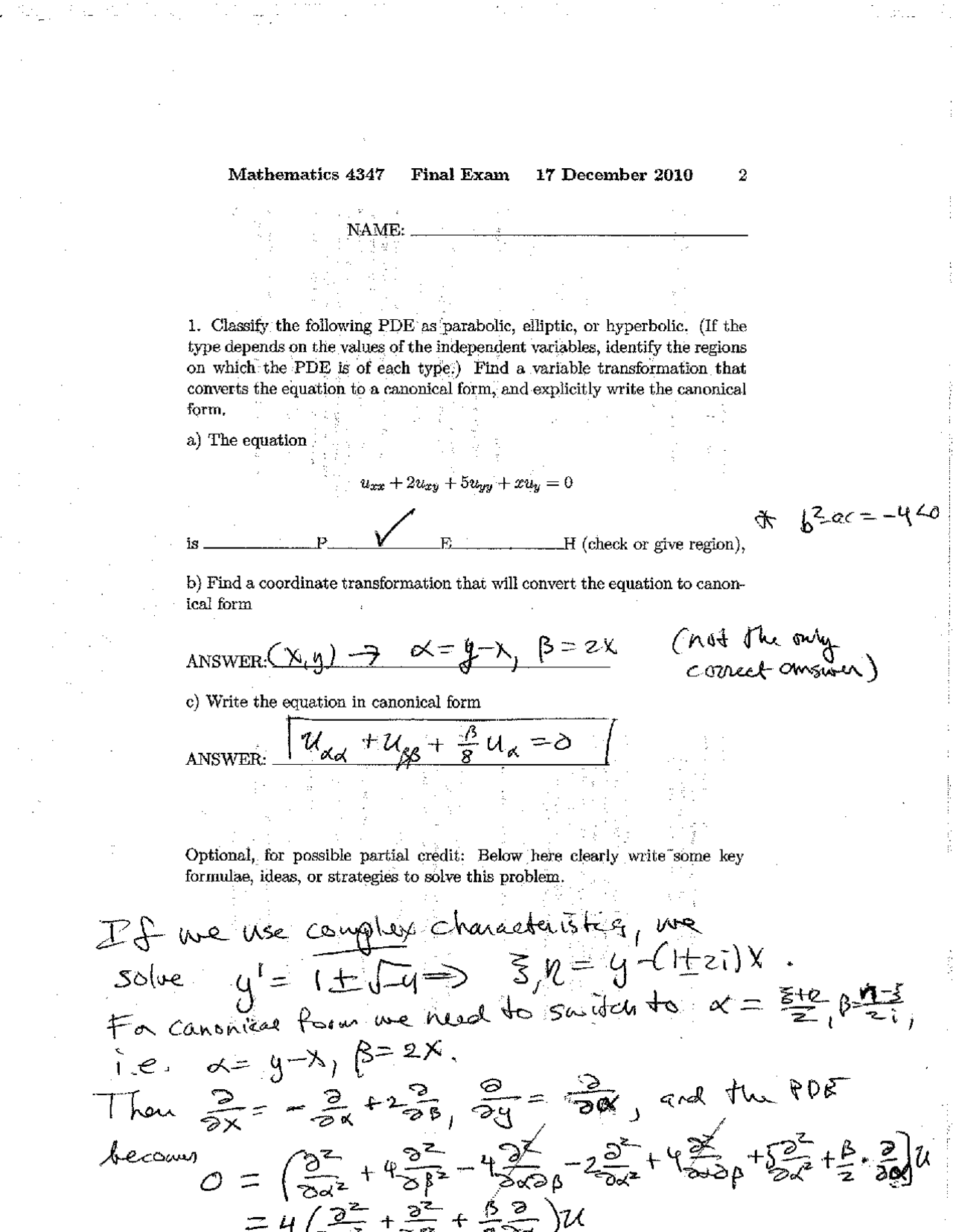Solved Exam For Partial Differential Equations I Math 4347 Docsity