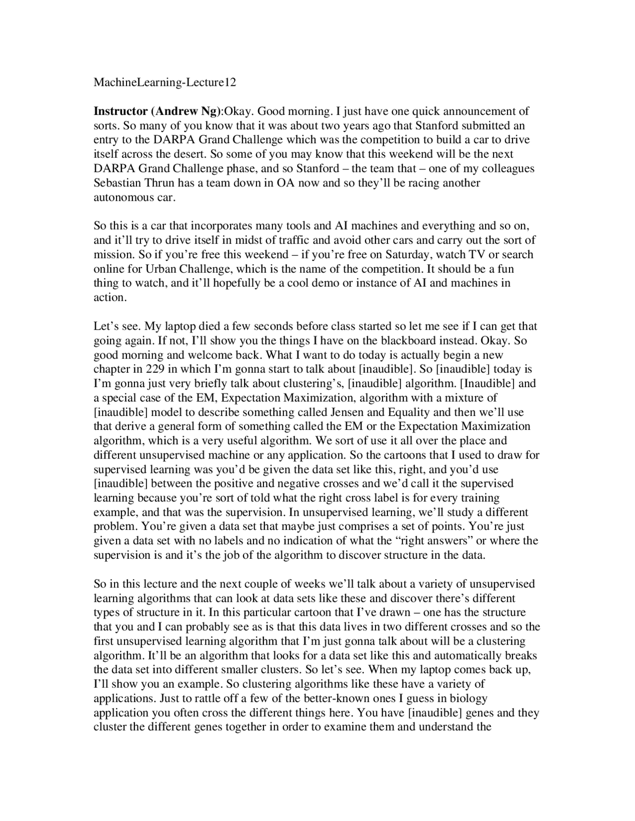 Lectures Transcriptions Machine Learning Lesson 12 Docsity