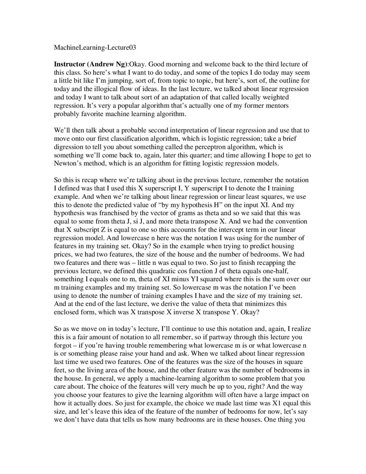 Lectures Transcriptions Machine Learning Lesson 3 Docsity
