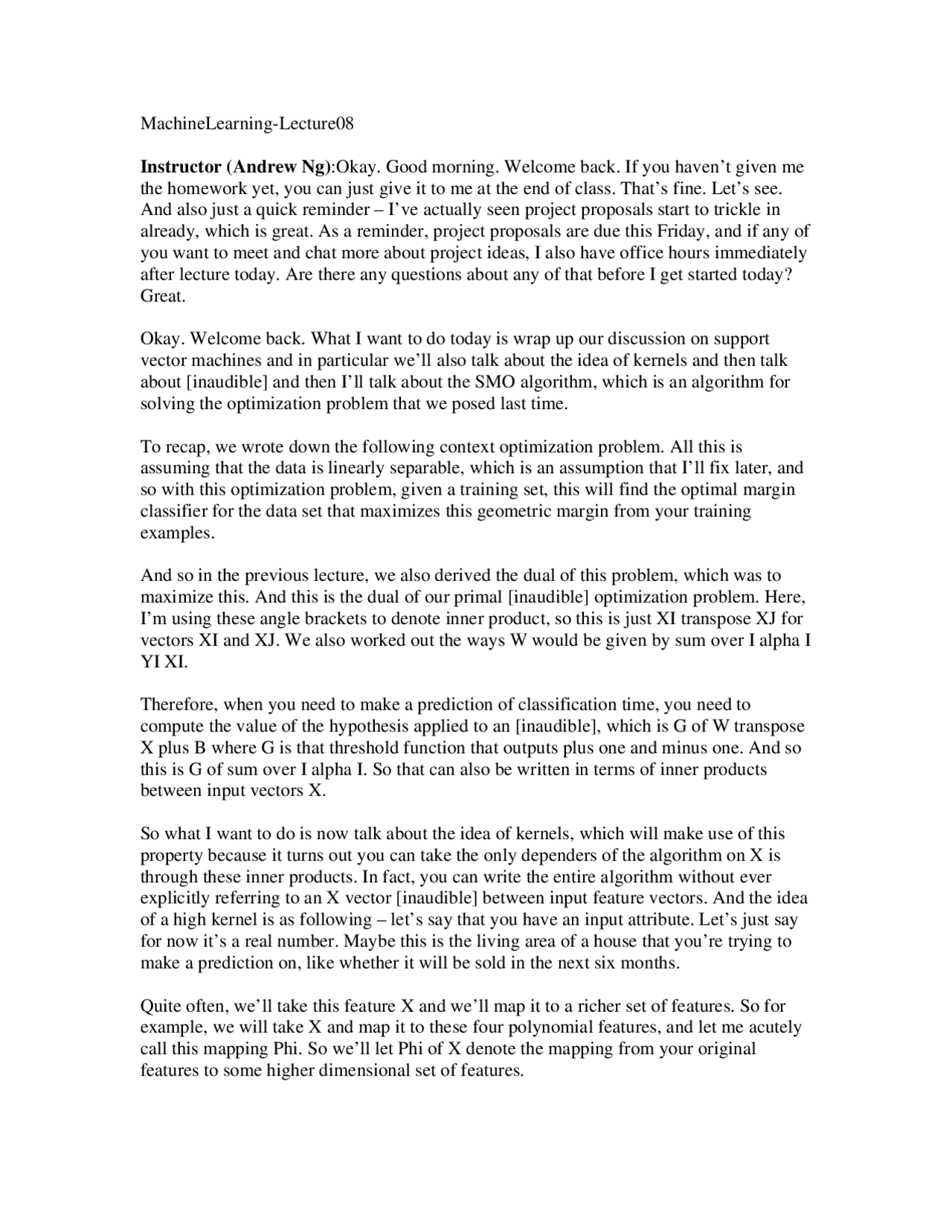 Lectures Transcriptions - Machine Learning - Lesson 8 - Docsity