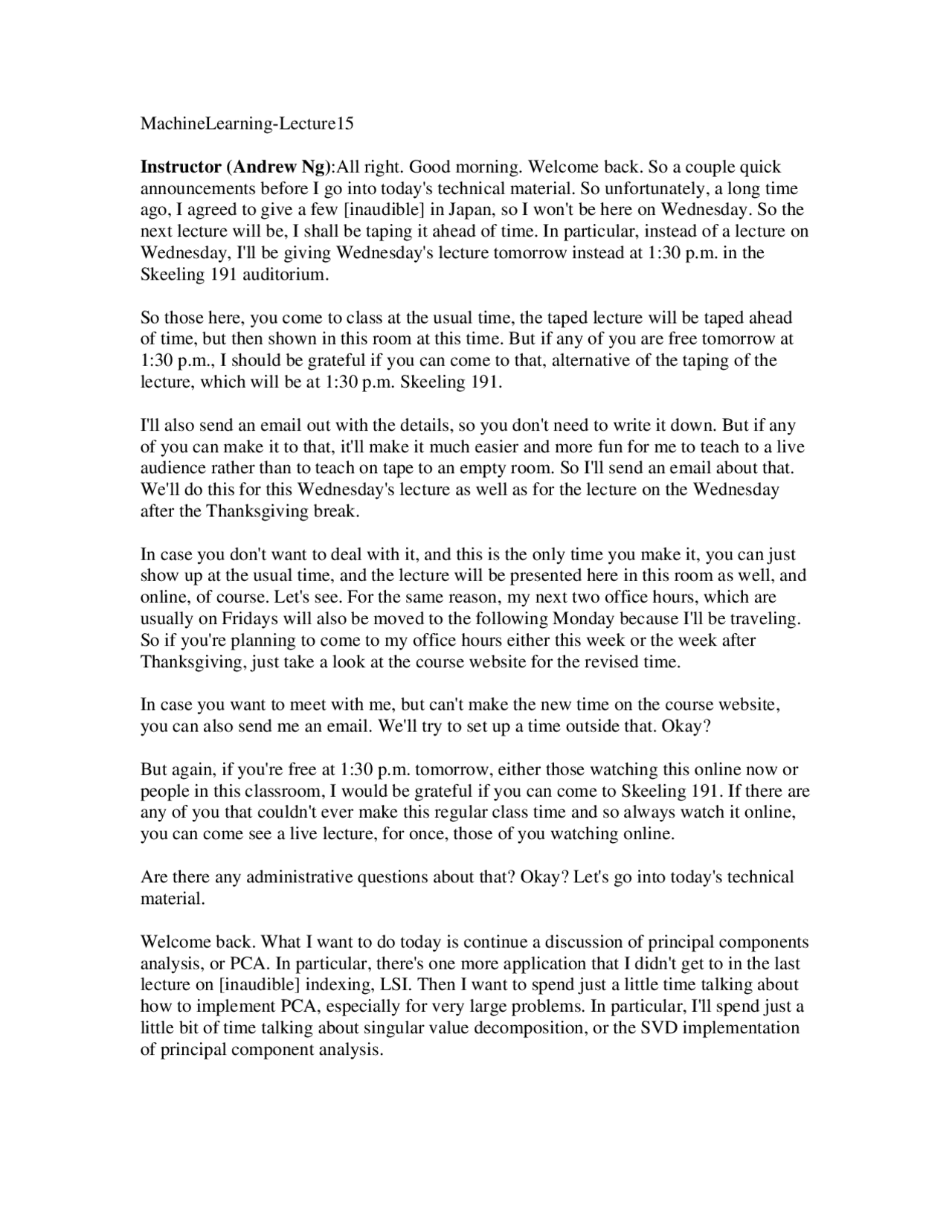 Lectures Transcriptions - Machine Learning - Lesson 15 - Docsity