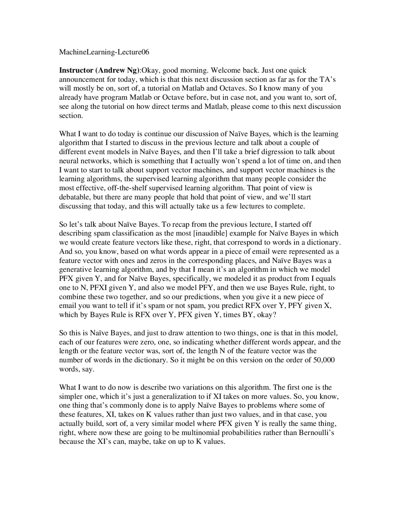 Lectures Transcriptions Machine Learning Lesson 6 Docsity