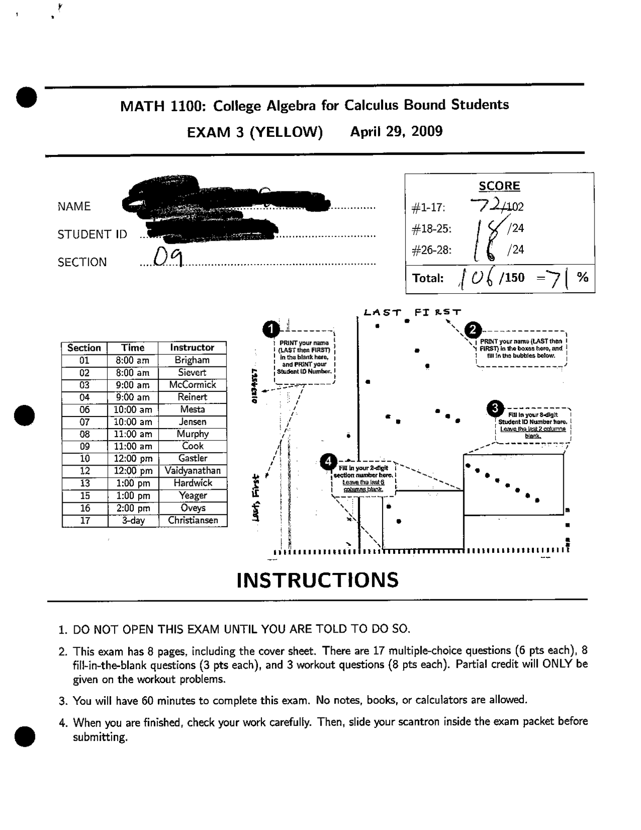 Exam 3 with Solution for College Algebra | MATH 1100 | Exams ...