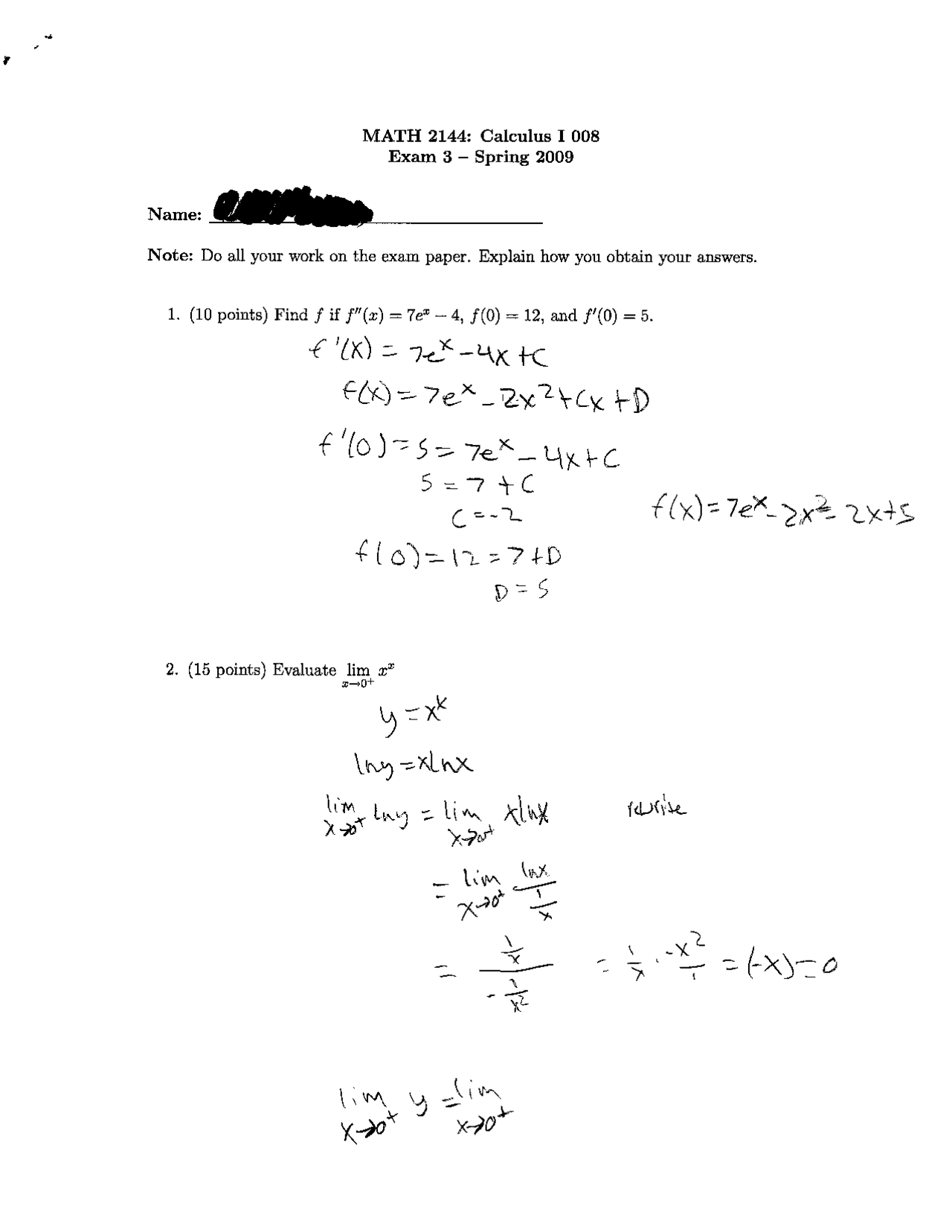 7 Questions on Derivative of Limits and Functions in Exam 3 | MATH 2144 ...